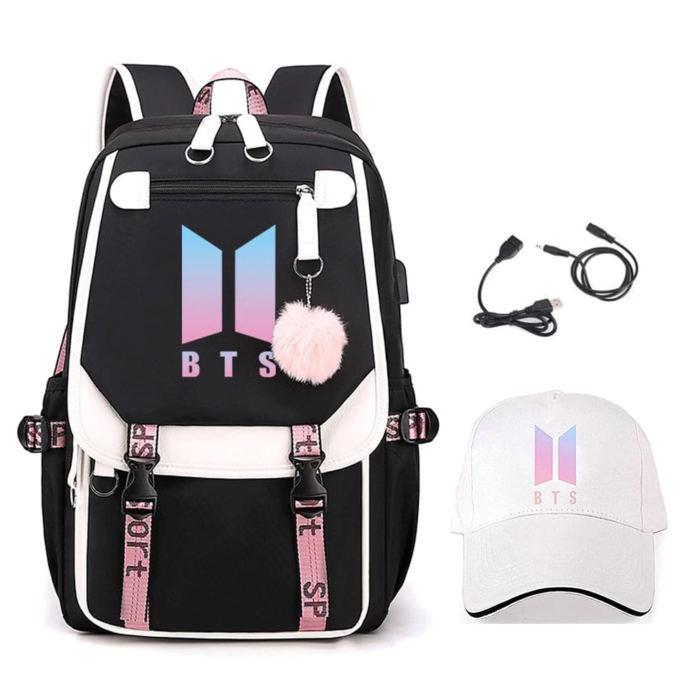 通用 BTS Backpack, Kpop Casual Backpack Black Laptop Backpack, Suitable For Students 11.8 in * 8.26 in * 17.3 in