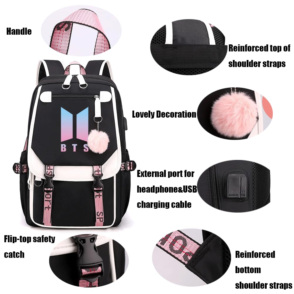 通用 BTS Backpack, Kpop Casual Backpack Black Laptop Backpack, Suitable For Students 11.8 in * 8.26 in * 17.3 in