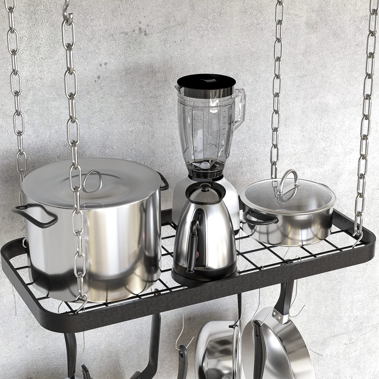 JACKCUBE DESIGN Hanging Pot and Pan Ceiling Rack, Wall Mount Grid Kitchen Pot Organizer Storage Shelves for Utensils, Cookware with 8 S Hooks (24.4 x 11.8 x 1.2 inches)- MK397B