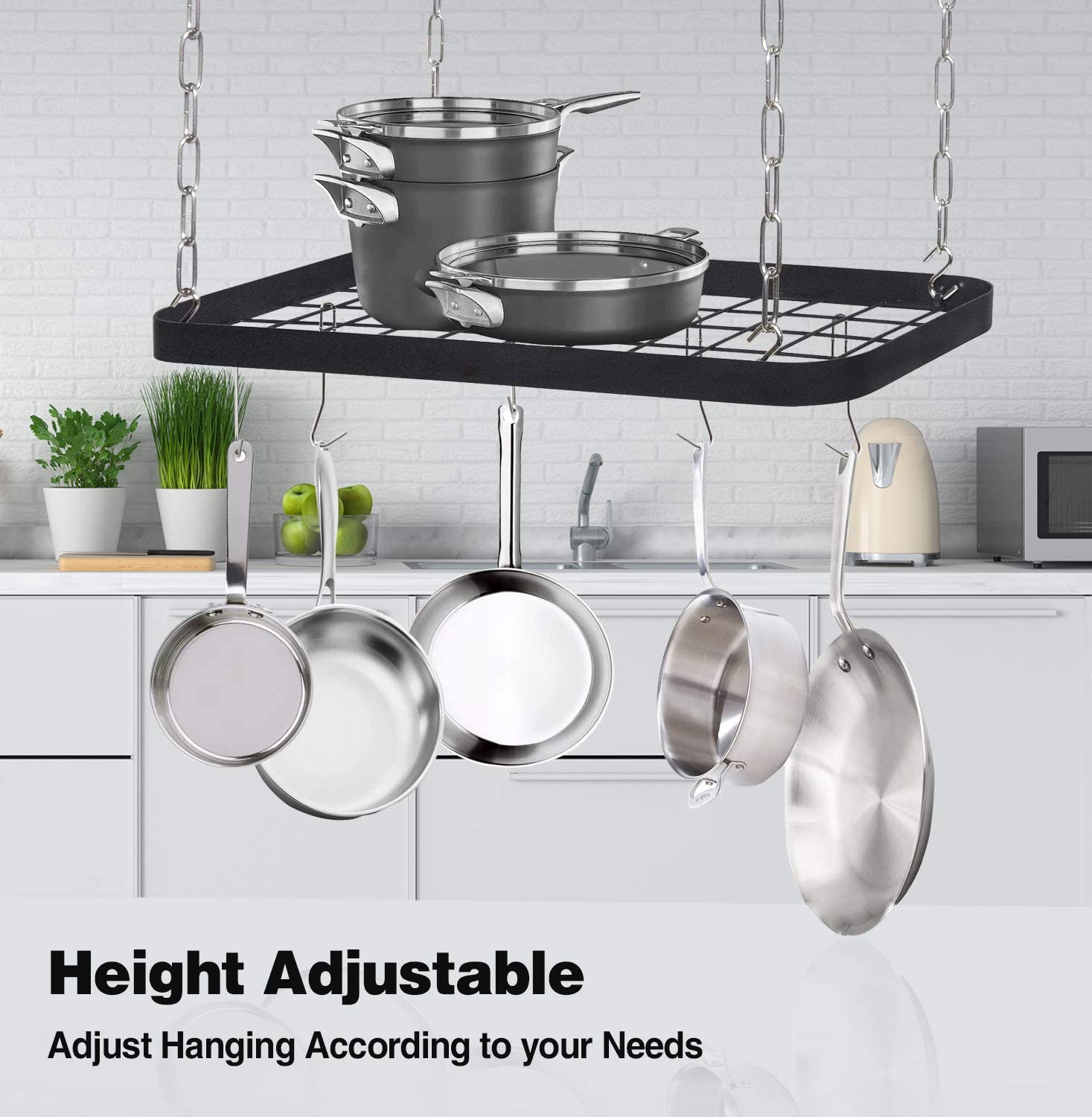 JACKCUBE DESIGN Hanging Pot and Pan Ceiling Rack, Wall Mount Grid Kitchen Pot Organizer Storage Shelves for Utensils, Cookware with 8 S Hooks (24.4 x 11.8 x 1.2 inches)- MK397B