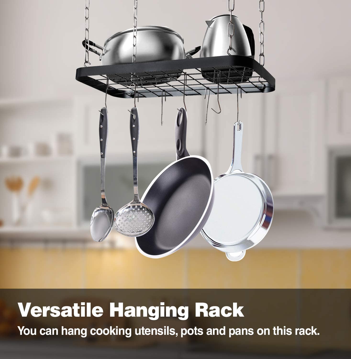 JACKCUBE DESIGN Hanging Pot and Pan Ceiling Rack, Wall Mount Grid Kitchen Pot Organizer Storage Shelves for Utensils, Cookware with 8 S Hooks (24.4 x 11.8 x 1.2 inches)- MK397B