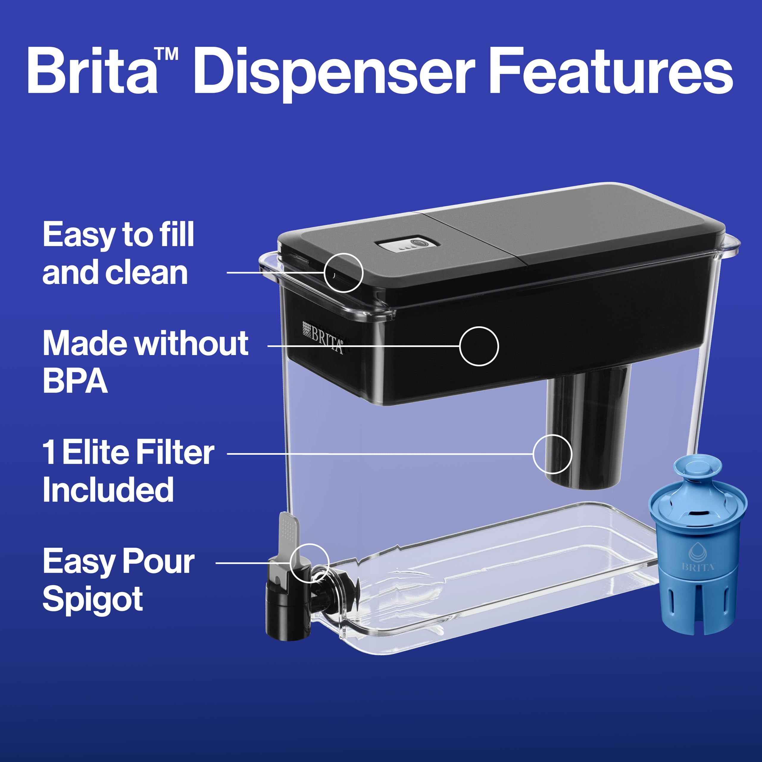 Brita XL Water Filter Dispenser for Tap and Drinking Water with 1 Elite Filter, Reduces 99% of Lead, Lasts 6 Months, 27-Cup Capacity, BPA Free, Black