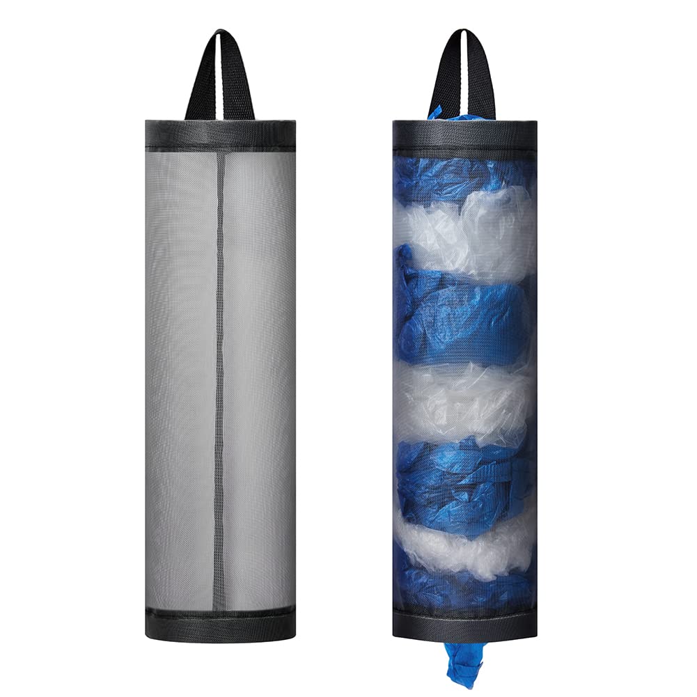LINEVI Bag Holder for Plastic Bags, 2 Pcs Polyester Grocery Bag Holder Plastic Dispenser Foldable Breathable Washable Hanging Mesh Garbage Bag Organizer for Kitchen Plastic Bag Storage (Gray)