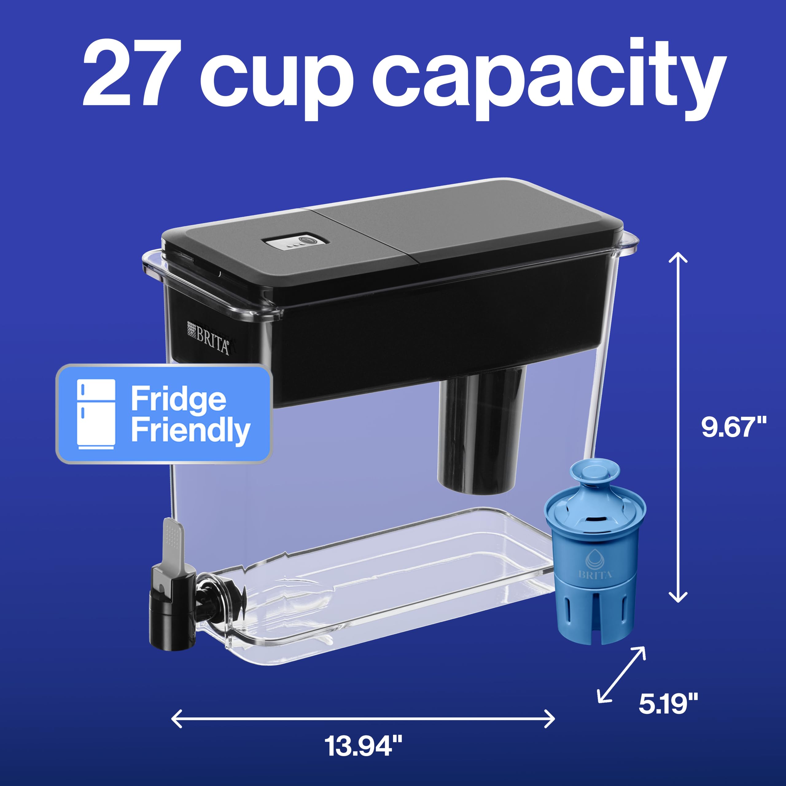 Brita XL Water Filter Dispenser for Tap and Drinking Water with 1 Elite Filter, Reduces 99% of Lead, Lasts 6 Months, 27-Cup Capacity, BPA Free, Black