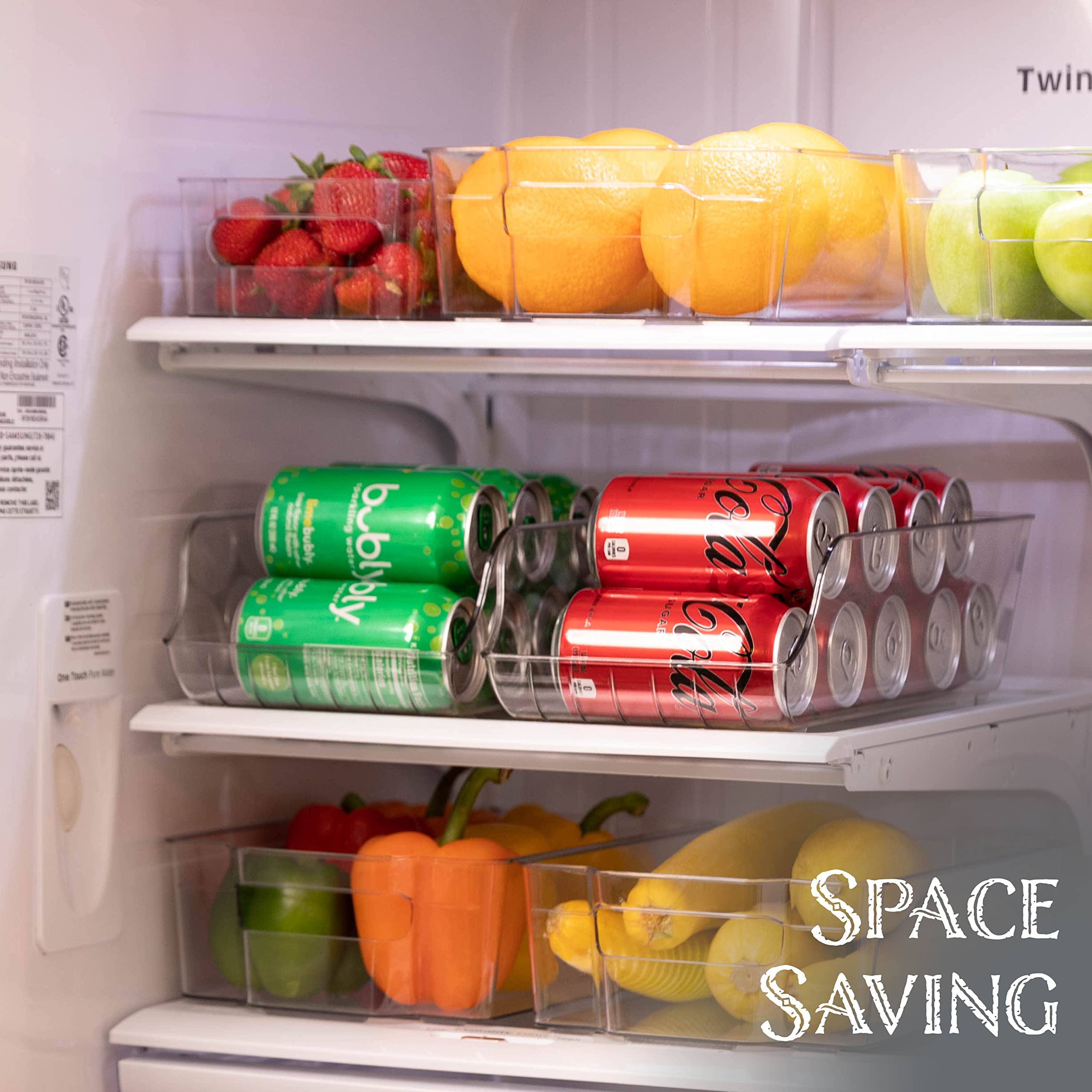 Soda Can Organizer - Clear Plastic Storage Dispenser Bin for Refrigerator. Great Drink Holder for Kitchen Cabinets, Countertops, Pantry, Freezer and Fridge. (4-Pack)