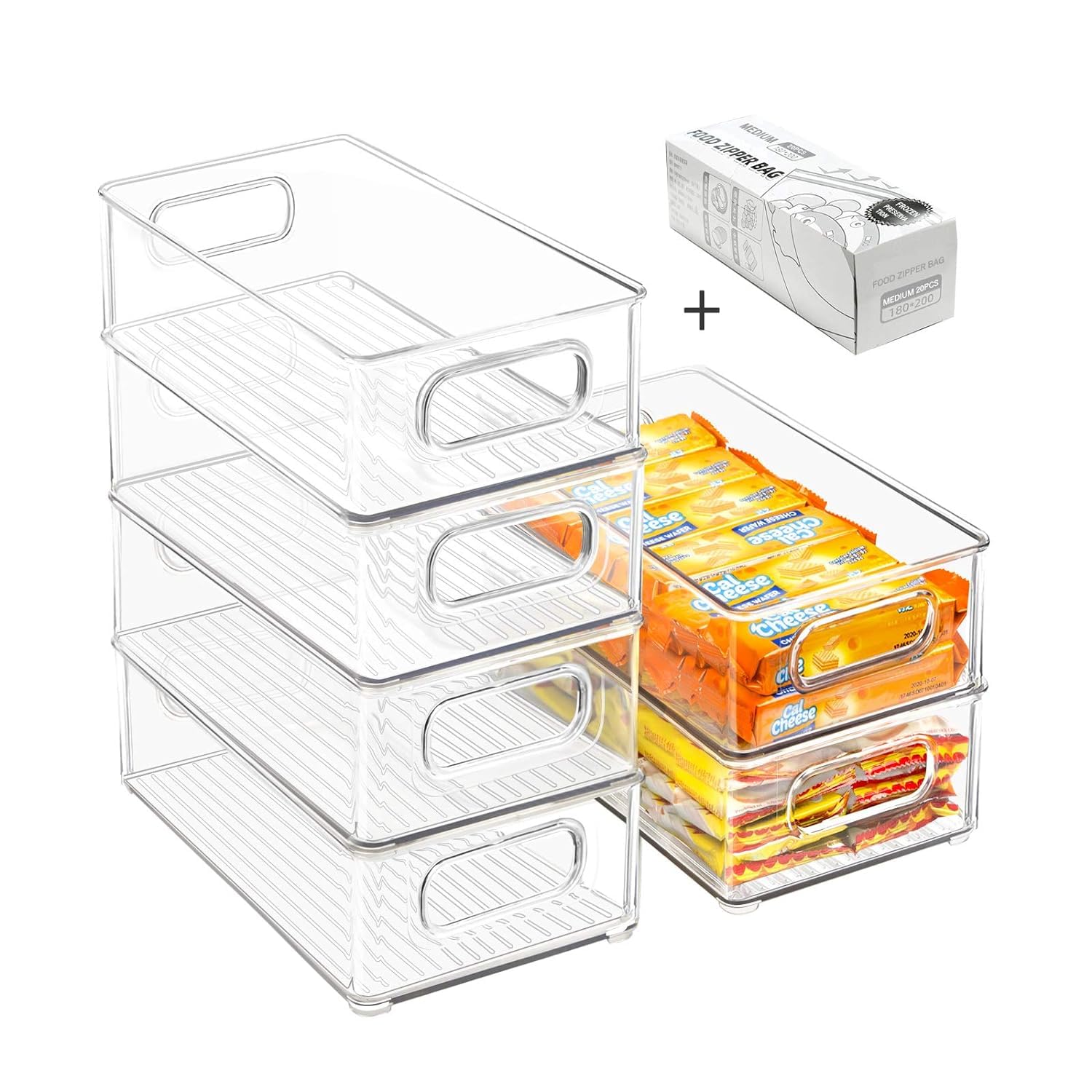 Stackable Refrigerator Organizer Bins, 6 Pack Clear Kitchen Organizer Container Bins with Handles and 20 PCS Free Plastic Bags for Pantry, Cabinets, Shelves, Drawer, Freezer - Food Safe, BPA Free 10"L