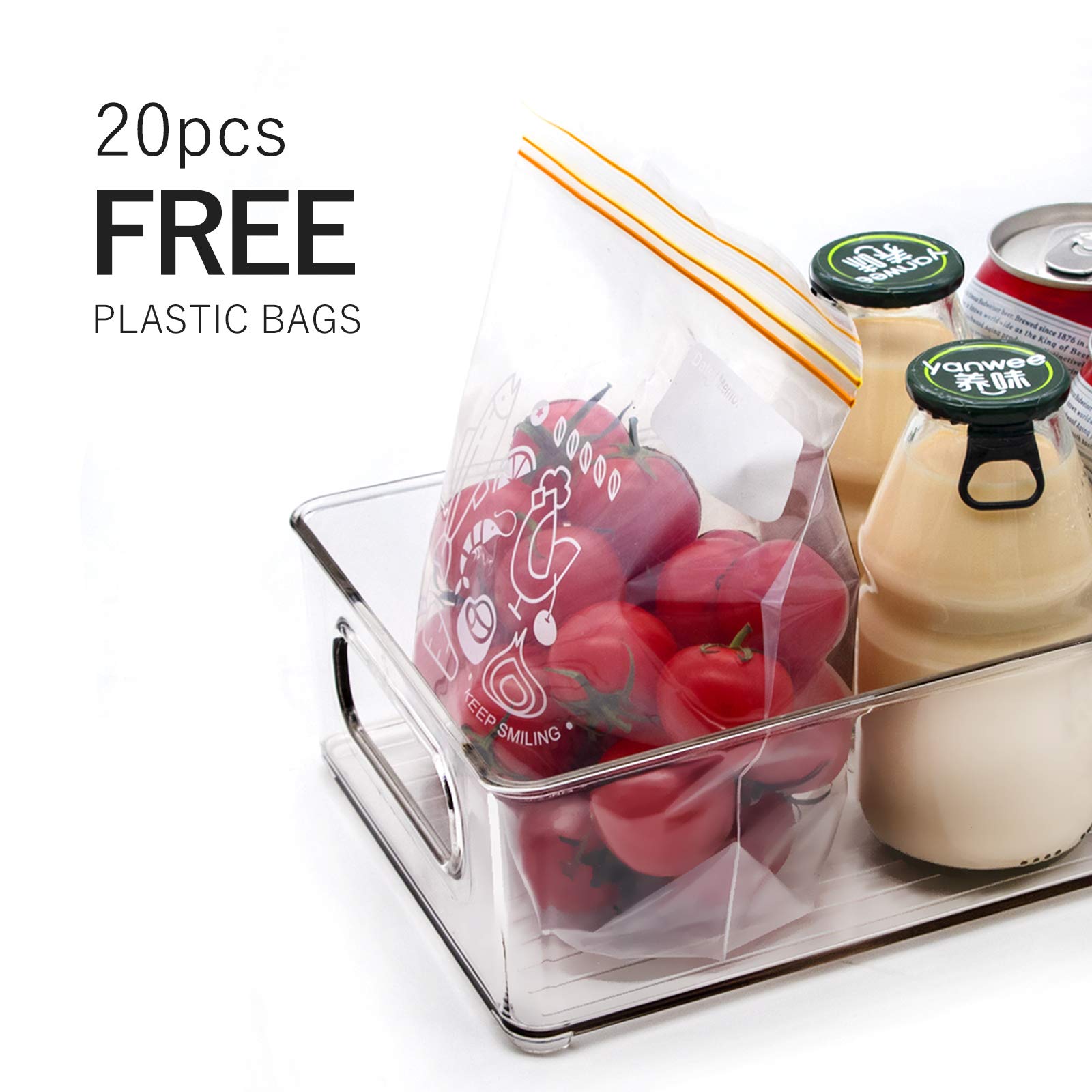 Stackable Refrigerator Organizer Bins, 6 Pack Clear Kitchen Organizer Container Bins with Handles and 20 PCS Free Plastic Bags for Pantry, Cabinets, Shelves, Drawer, Freezer - Food Safe, BPA Free 10"L