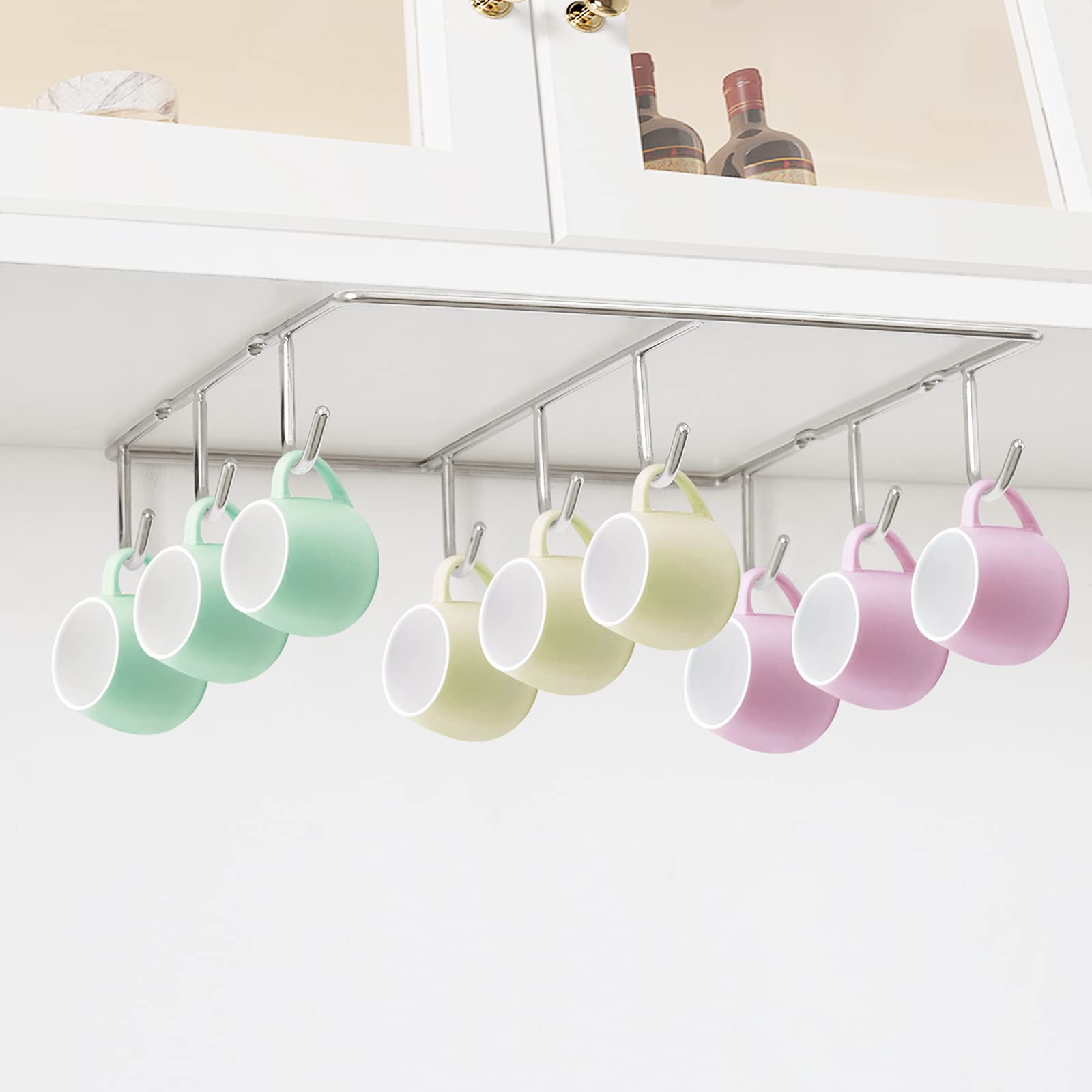 CUKE2BEET Coffee Cup Hooks Under Cabinet, Stainless Steel 9 Hooks Hanging Mug Rack Mug Holder Under Shelf for Kitchen