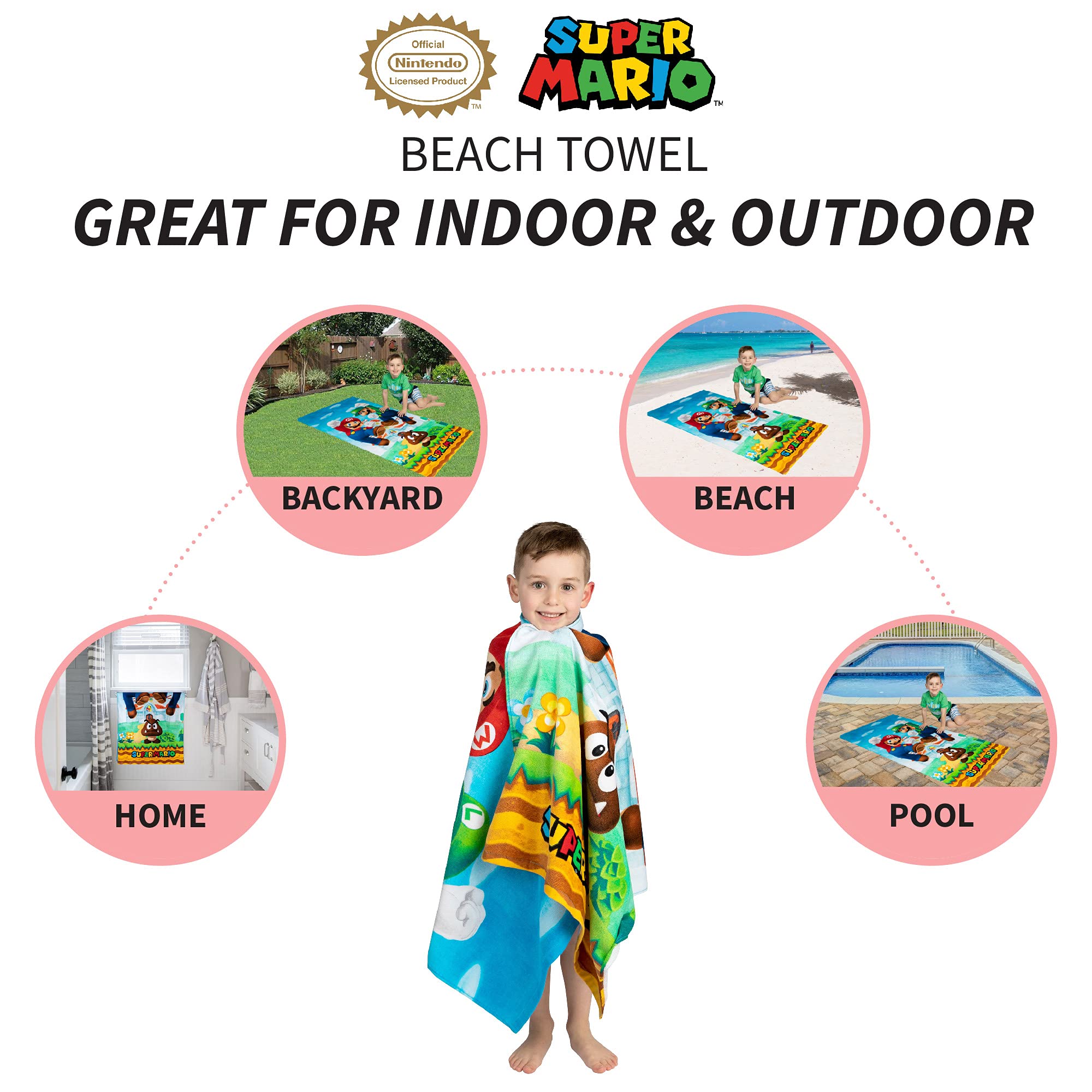 Super Mario "Official Nintendo" Kids Super Soft Cotton Bath/Pool/Beach Towel, 58 in x 28 in, By Franco