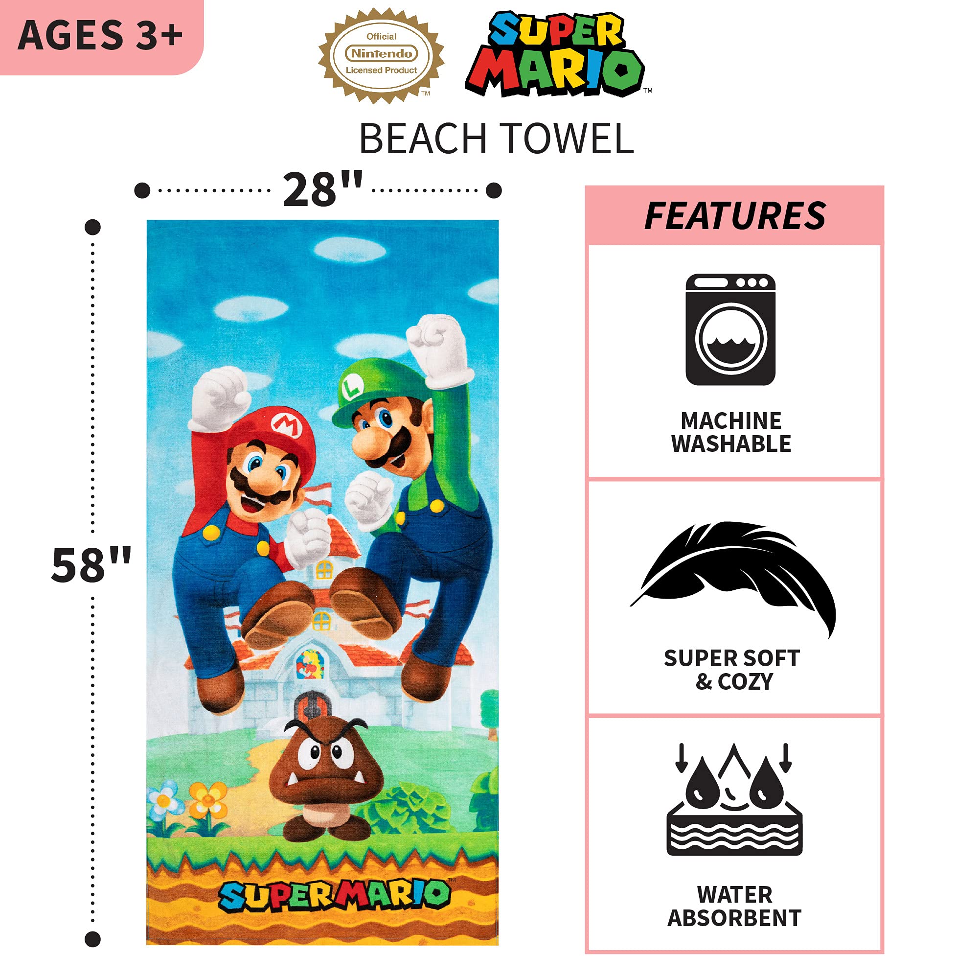 Super Mario "Official Nintendo" Kids Super Soft Cotton Bath/Pool/Beach Towel, 58 in x 28 in, By Franco