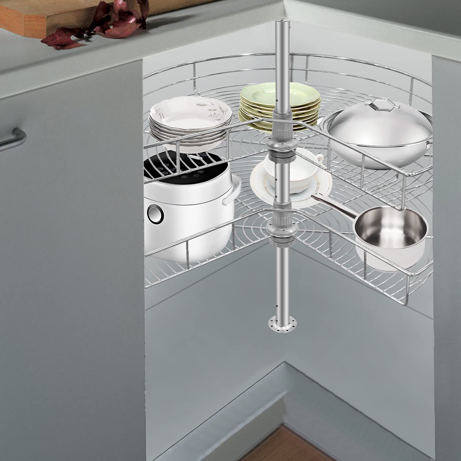28 Inch Chrome Lazy Susan, 270° 2 Shelf Lazy Susan Turntable, Silver Blind Corner Shelf for Kitchen Condiments, Home Appliances & Dishes