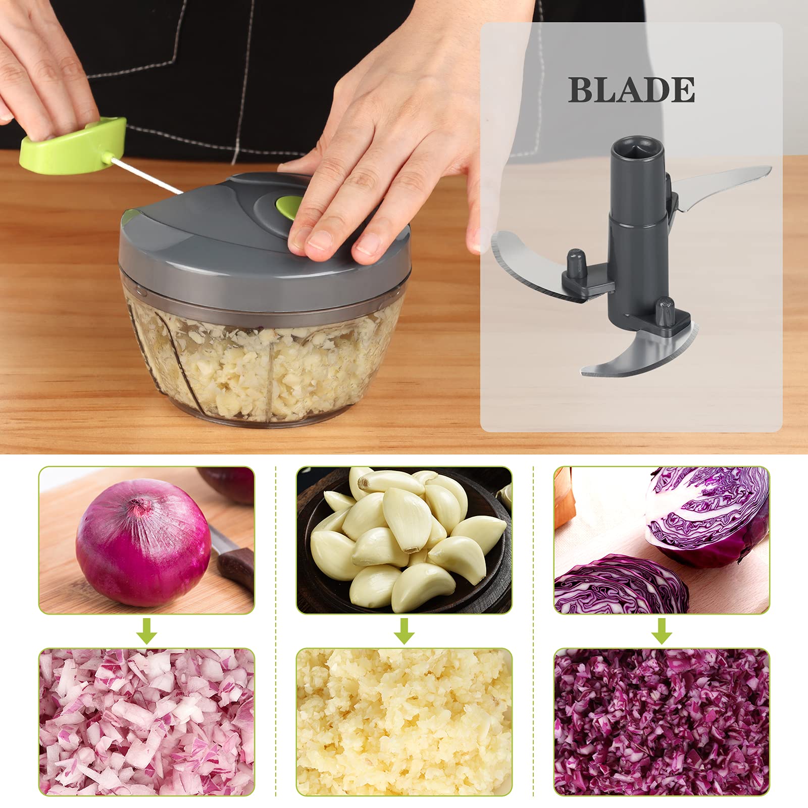 Manual Food Chopper Vegetable Cutter, Chopper Hand String Vegetable Chopper Onions Cutter for Vegetable Fruits Nuts Durable BPA Free Food Safe Material (2 Cup-Gray)