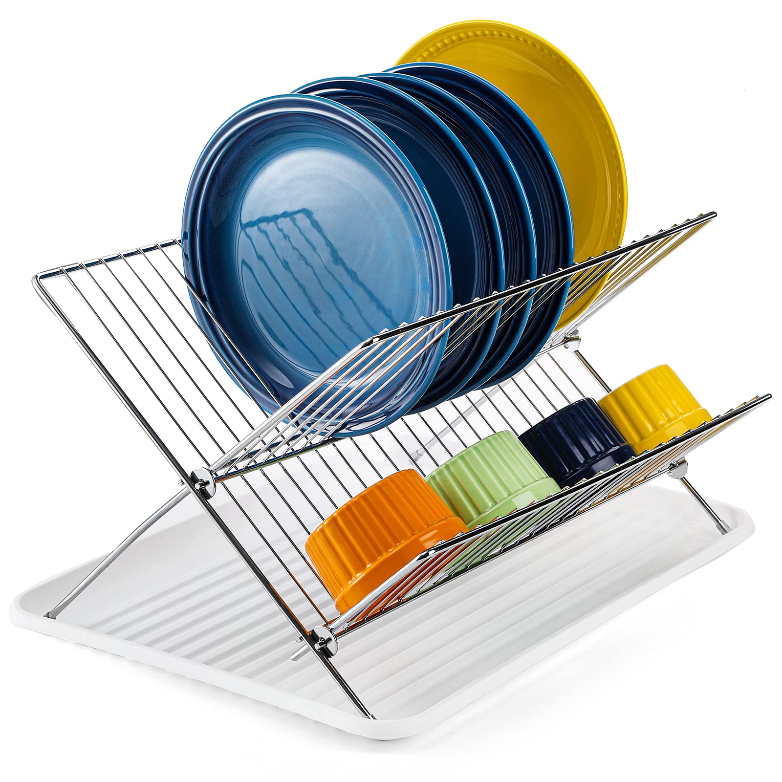 Youeon Foldable Dish Drying Rack with Drainboard, Stainless Steel 2 Tier Dish Drainer Rack, Collapsible Dish Drainer, Folding Dish Rack for Kitchen Sink, Countertop, Cutlery, Plates, Dishes