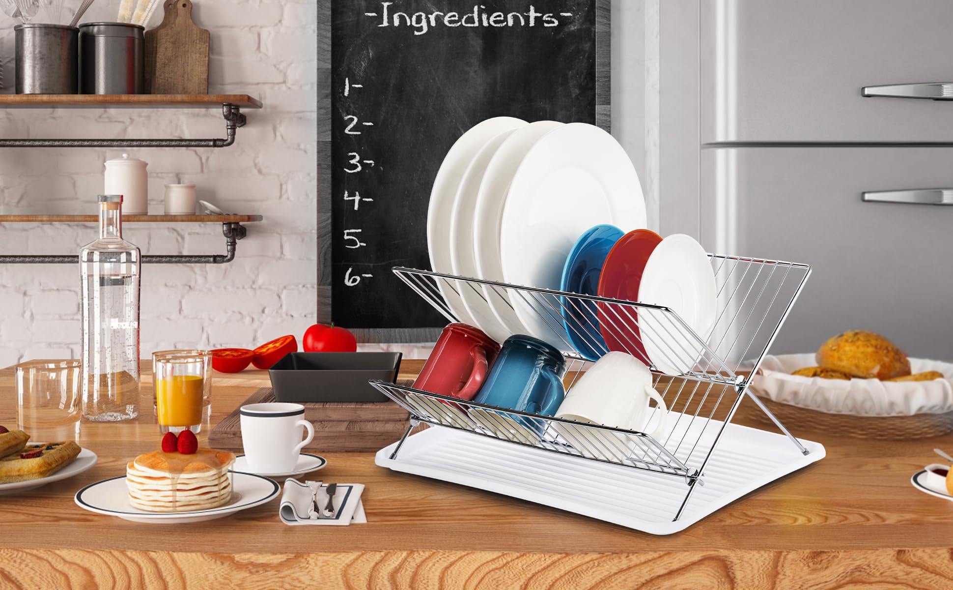 Youeon Foldable Dish Drying Rack with Drainboard, Stainless Steel 2 Tier Dish Drainer Rack, Collapsible Dish Drainer, Folding Dish Rack for Kitchen Sink, Countertop, Cutlery, Plates, Dishes