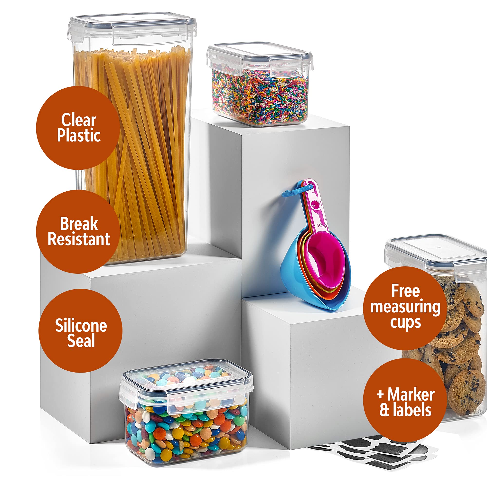 24 Pack Airtight Food Storage Container Set - BPA Free Clear Plastic Kitchen and Pantry Organization Canisters with Durable Lids for Cereal, Dry Food Flour & Sugar - Labels, Marker & Spoon Set
