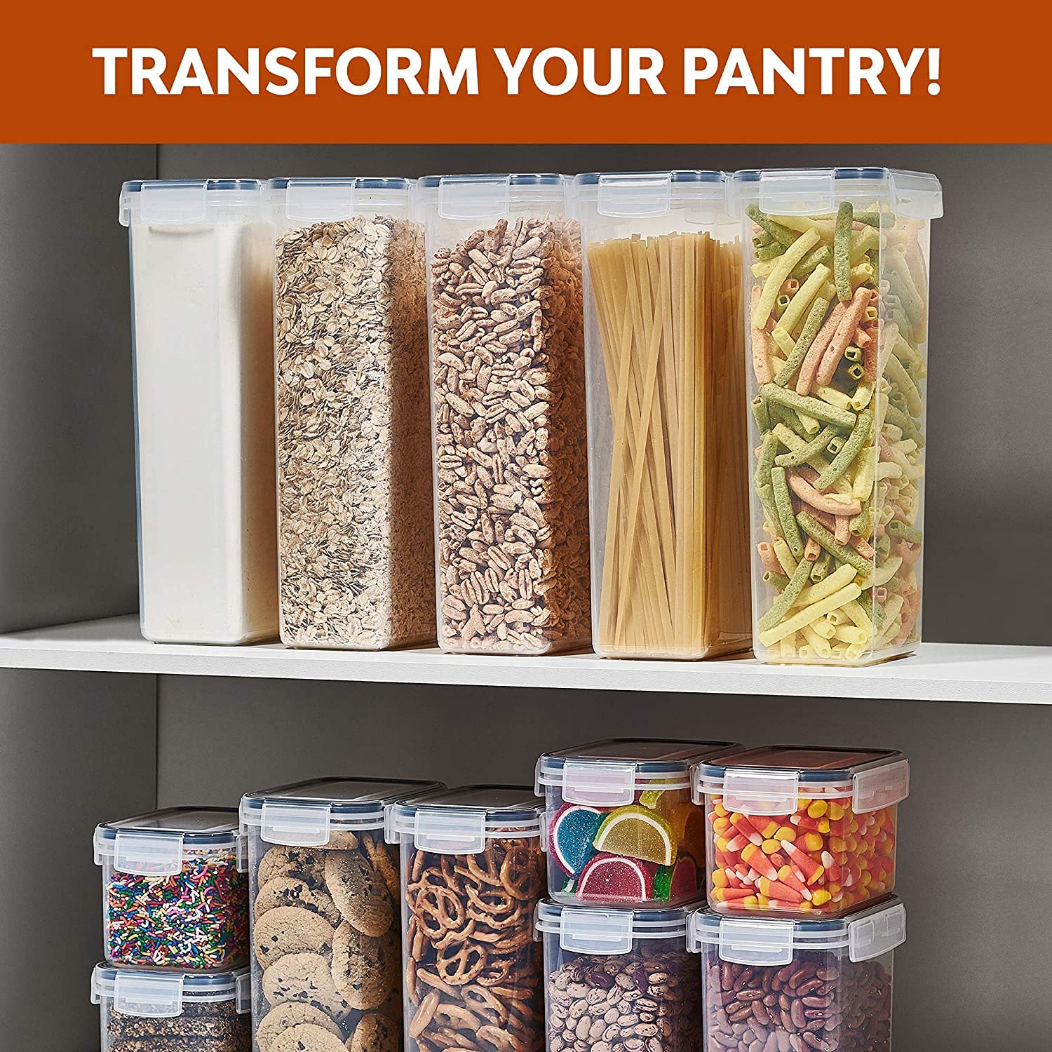 24 Pack Airtight Food Storage Container Set - BPA Free Clear Plastic Kitchen and Pantry Organization Canisters with Durable Lids for Cereal, Dry Food Flour & Sugar - Labels, Marker & Spoon Set