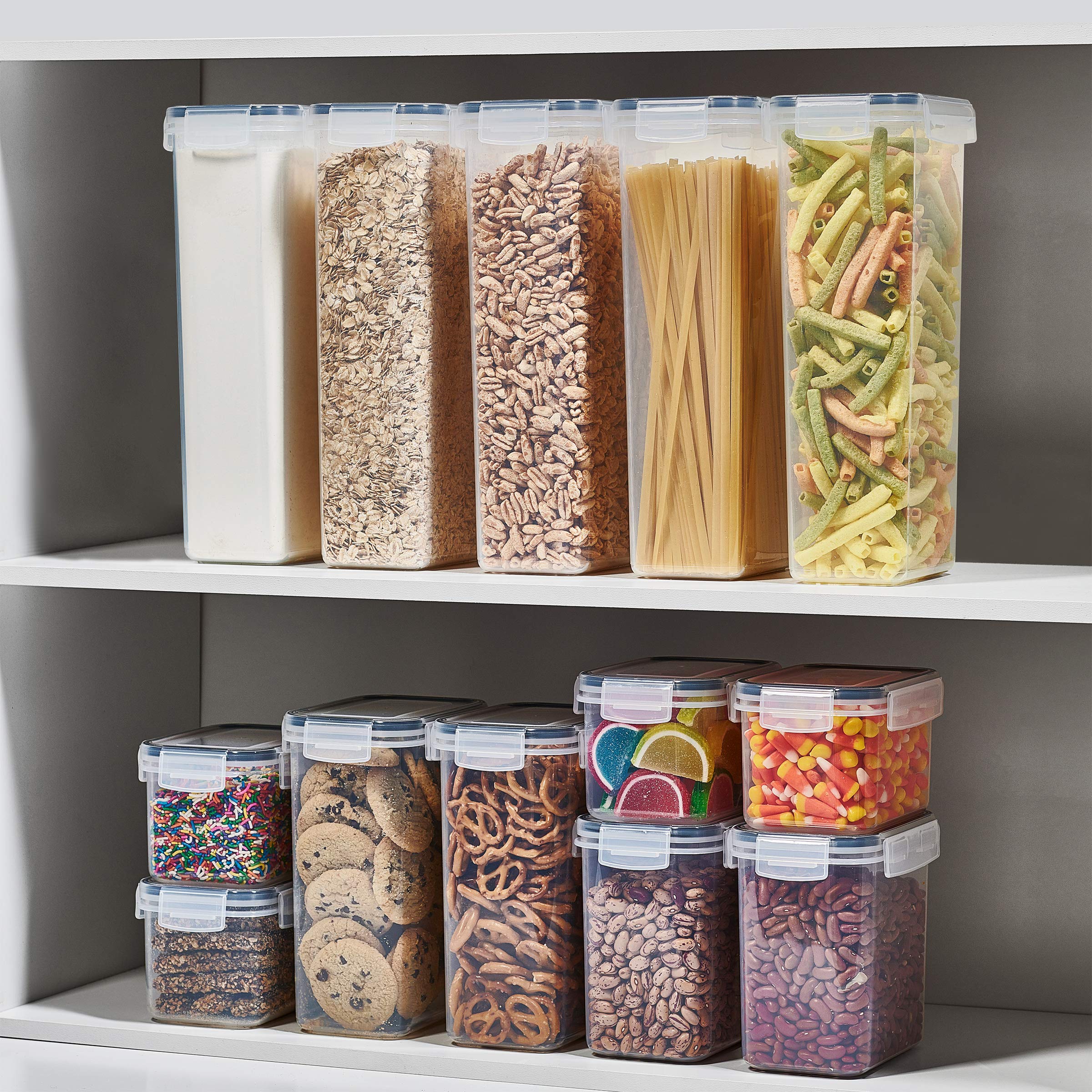 24 Pack Airtight Food Storage Container Set - BPA Free Clear Plastic Kitchen and Pantry Organization Canisters with Durable Lids for Cereal, Dry Food Flour & Sugar - Labels, Marker & Spoon Set