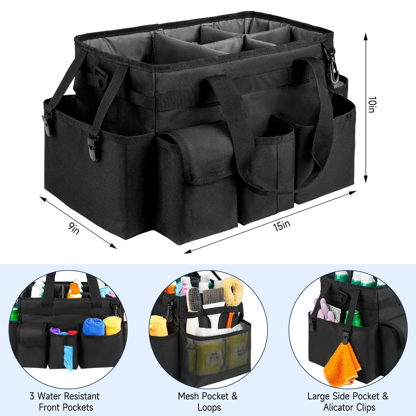 Cleaning Caddy Bag,Large Cleaning Supplies Organizer with Handle for Housekeepers, Black