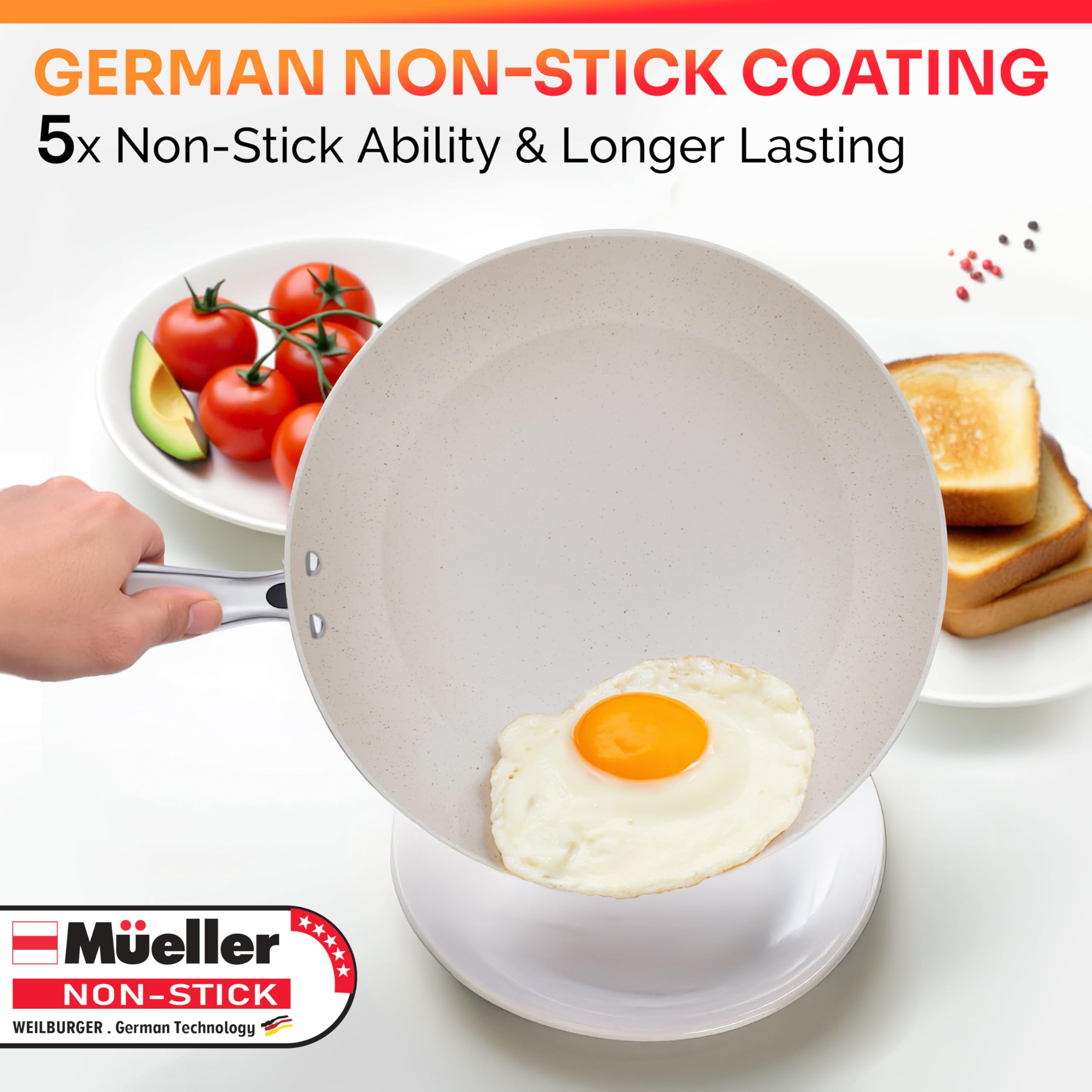 Mueller 8-Inch Non Stick Frying Pans, No PFOA or APEO, Heavy Duty German Stone Coating Cookware, Aluminum Body, EverCool Stainless Steel Handle,L. Grey