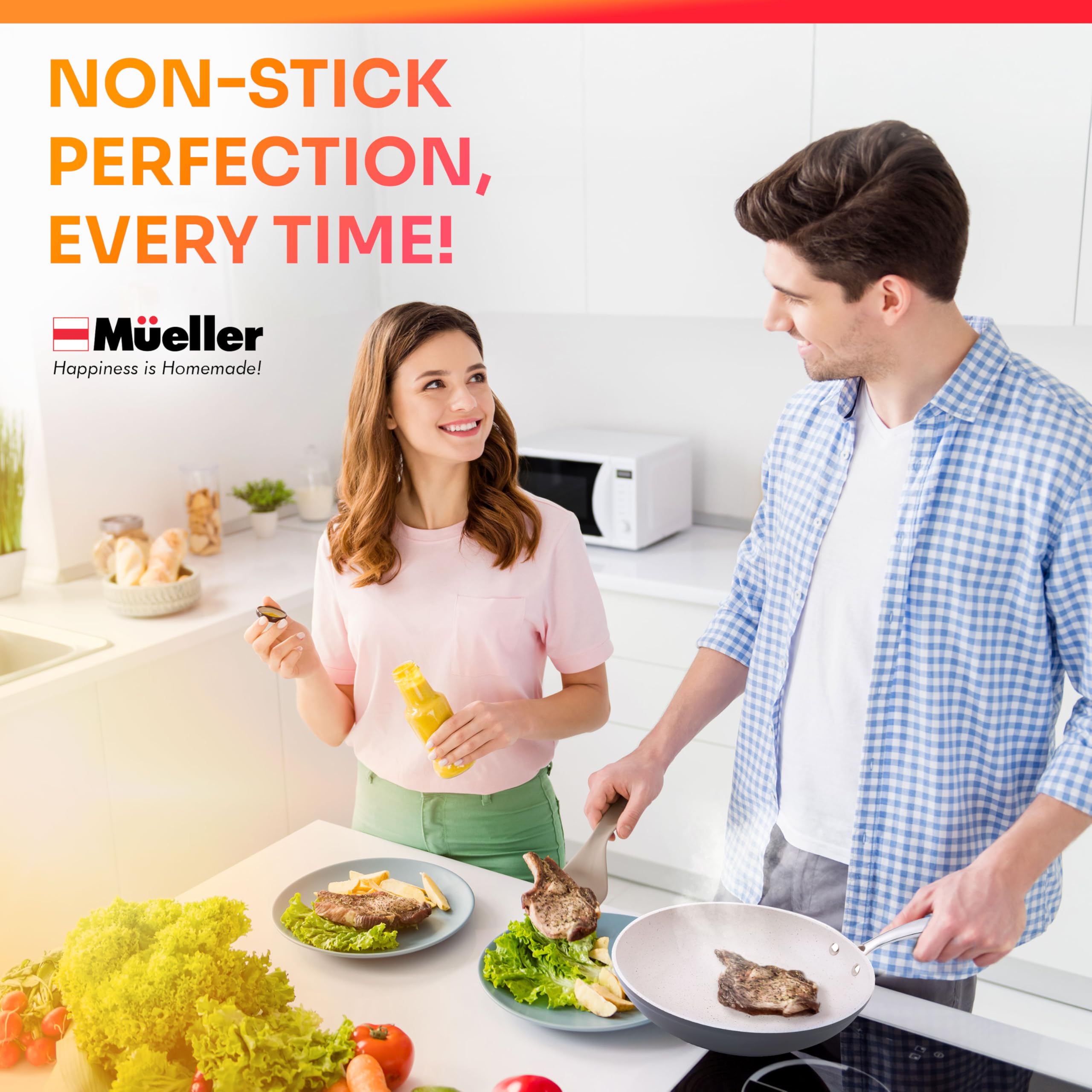 Mueller 8-Inch Non Stick Frying Pans, No PFOA or APEO, Heavy Duty German Stone Coating Cookware, Aluminum Body, EverCool Stainless Steel Handle,L. Grey