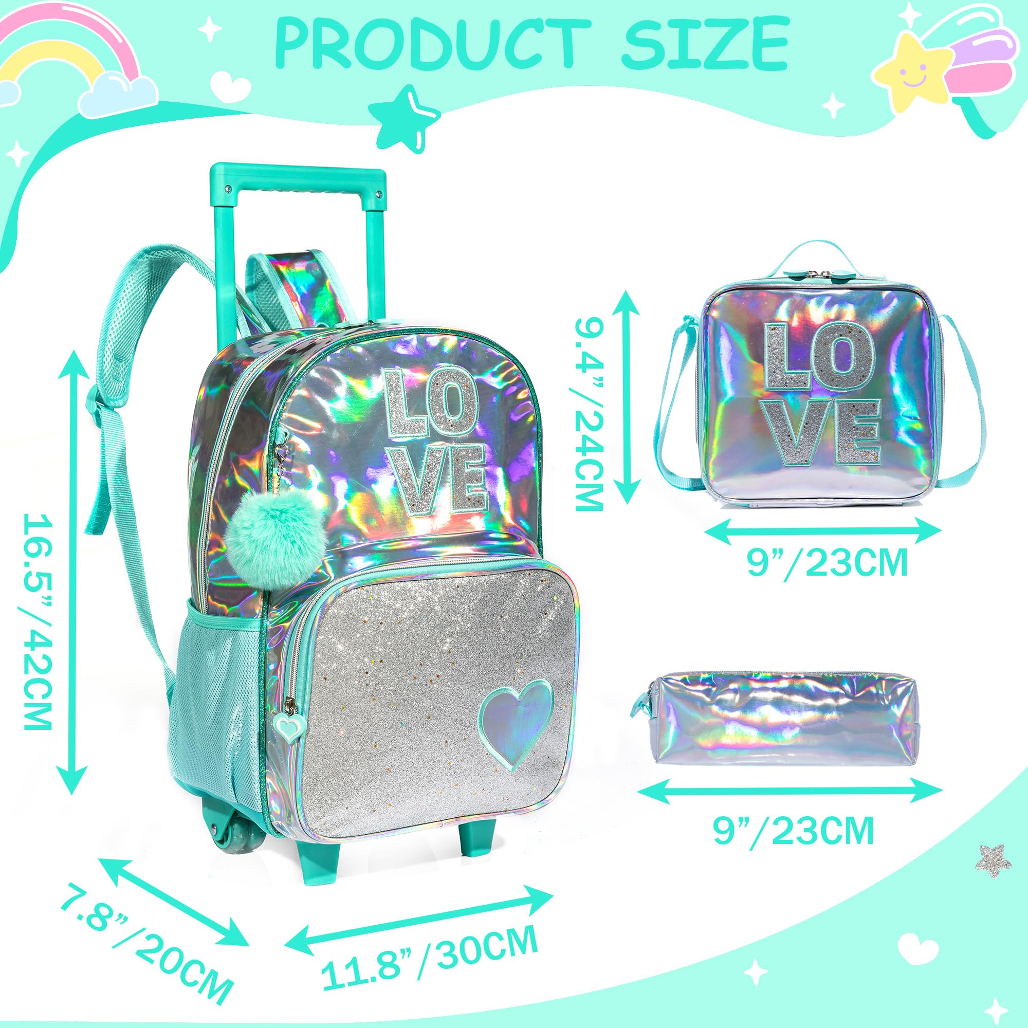 ZBAOGTW Rolling Backpack for Girls Kids Backpack with Wheels for Elementary Kindergarten Girls Wheeled Backpack Carry on Luggage Rolling Backpack with Lunch Bag
