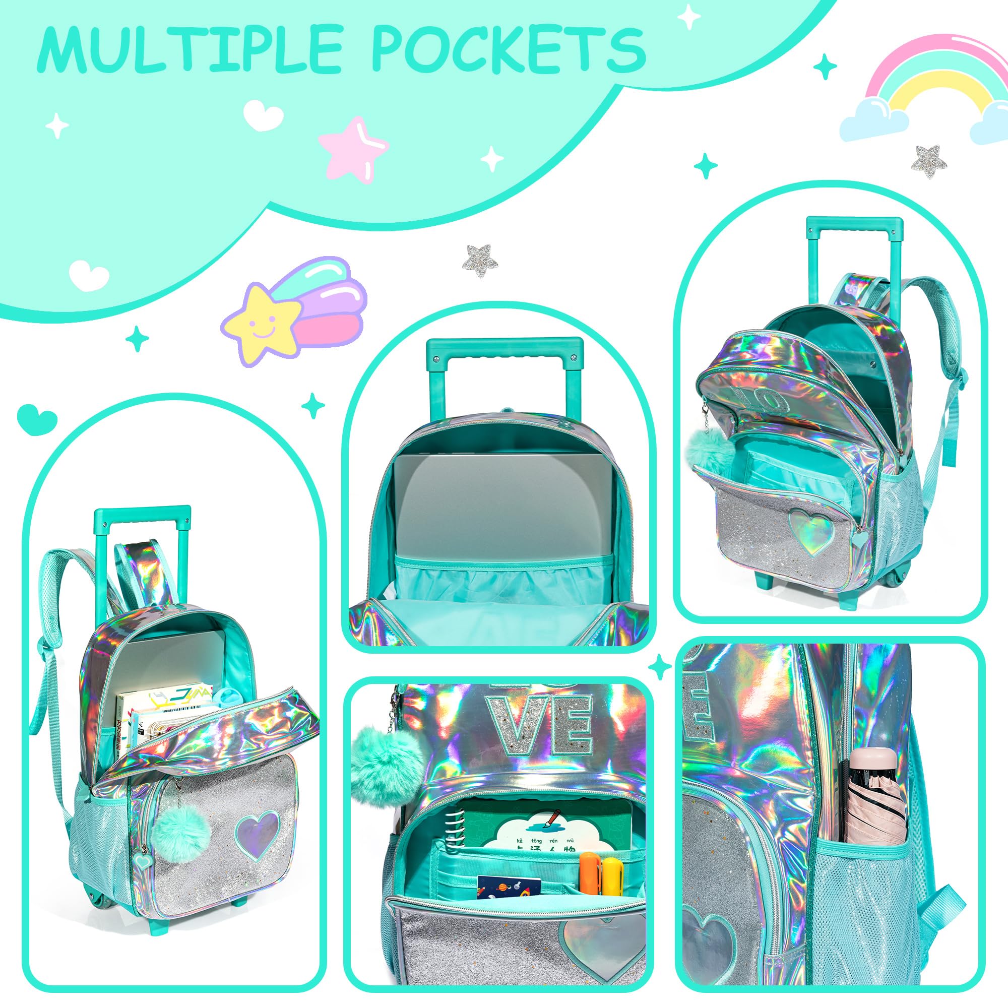 ZBAOGTW Rolling Backpack for Girls Kids Backpack with Wheels for Elementary Kindergarten Girls Wheeled Backpack Carry on Luggage Rolling Backpack with Lunch Bag
