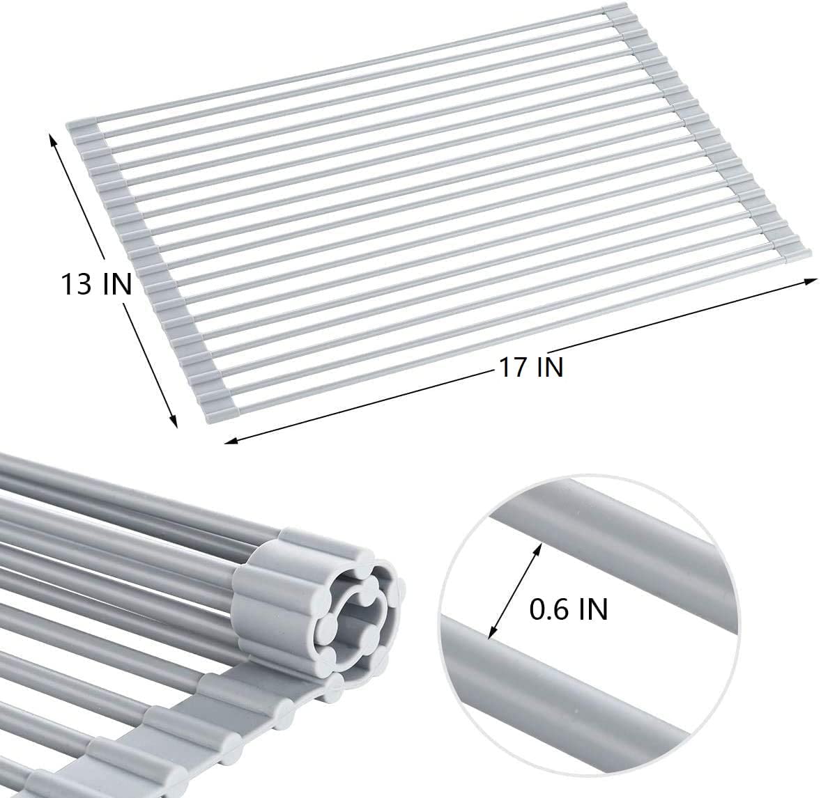 Wizdays Roll Up Dish Drying Rack Kitchen Sink, 17"x13" Foldable Food Safe Grade Silicone Wrapped Stainless Steel Dish Drying Rack, Space Saver, Easy to Use, Clean & Store