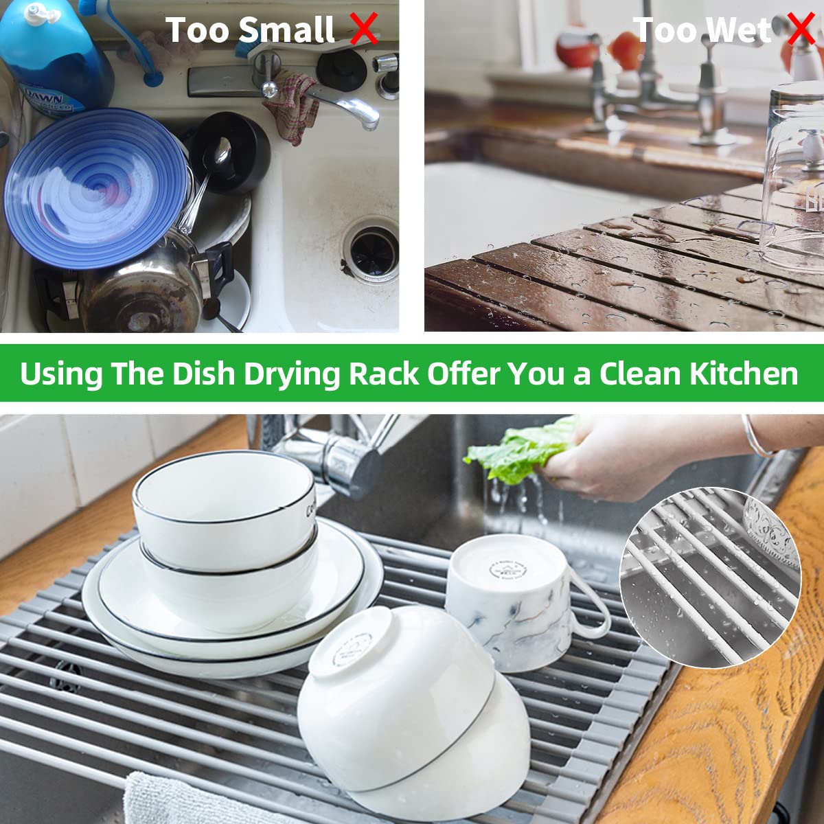 Wizdays Roll Up Dish Drying Rack Kitchen Sink, 17"x13" Foldable Food Safe Grade Silicone Wrapped Stainless Steel Dish Drying Rack, Space Saver, Easy to Use, Clean & Store