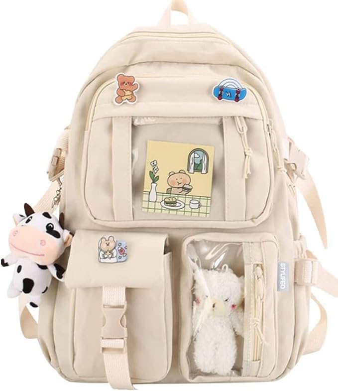 Stylifeo Kawaii Backpack with Cute Cow Plush Pin Accessories Large Capacity Aesthetic School Bags Cute Bookbag for Girls Teen (Beige)