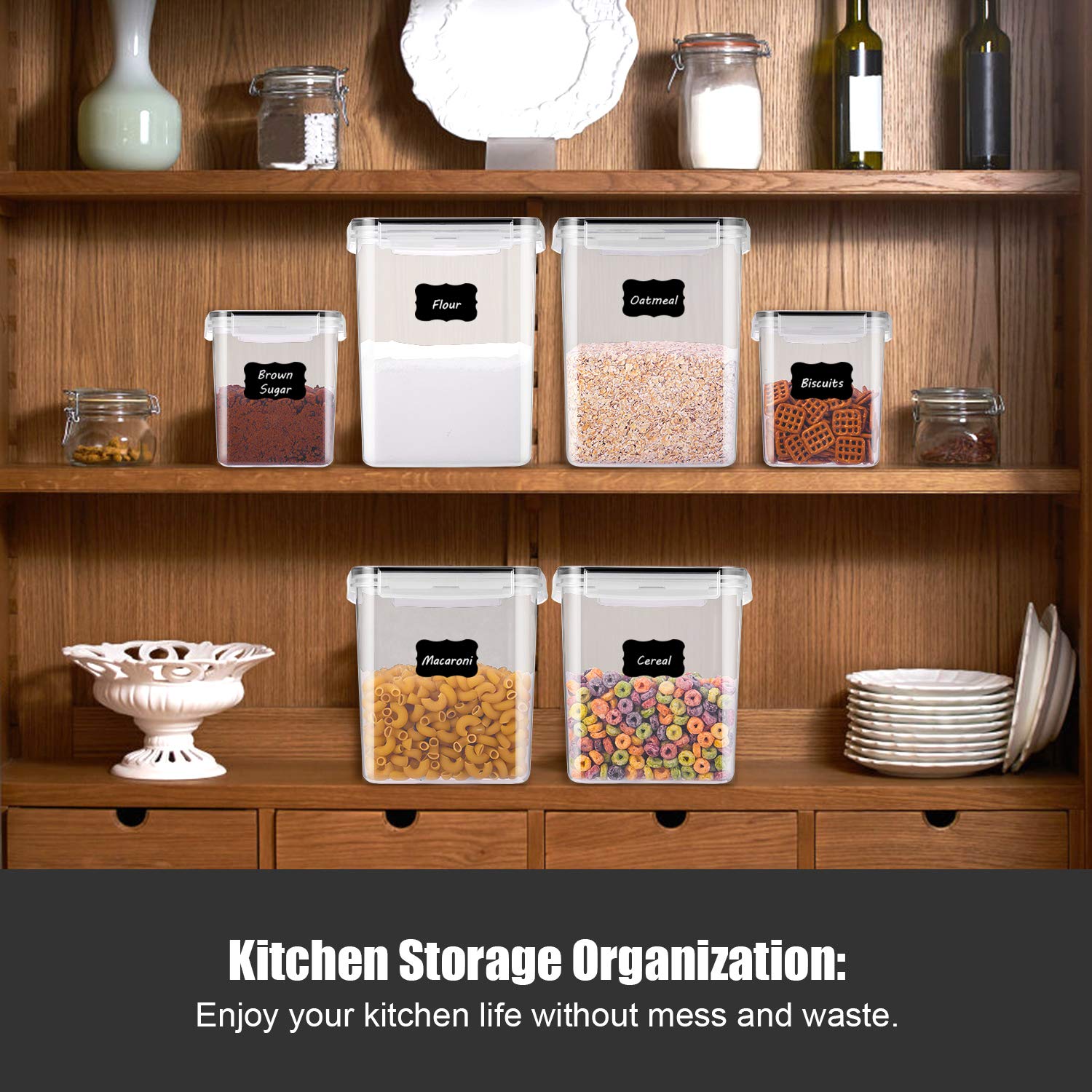 ME.FAN Food Storage Containers [Set of 6] Food Canisters / Flour Container - Pantry Bulk Airtight Storage Keeper with 5 Set Measuring Cups 24 labels & Pen - Black