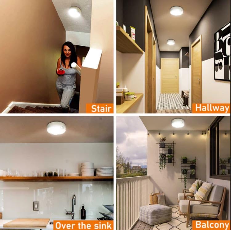 TOOWELL Motion Sensor Ceiling Light Battery Operated Indoor/Outdoor LED Ceiling Lights for Closet Hallway Pantry Laundry Stairs Garage Bathroom Shower Porch Shed Wall 400LM Motion Activated Light
