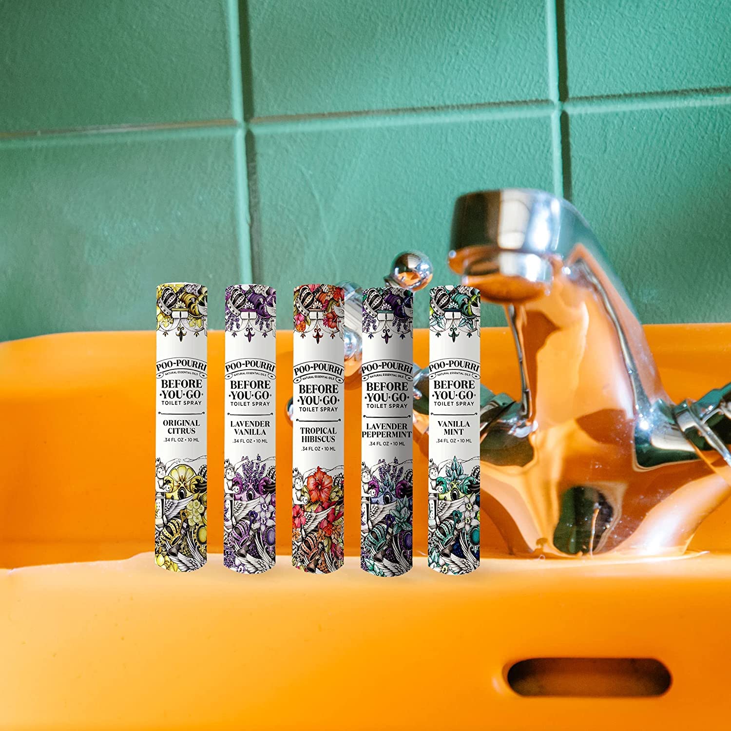 Poo-Pourri Before-You-go Toilet Spray 10 ml Original Citrus 10 ml Lavender Vanilla 10 ml Tropical Hibiscus 10 ml Lavender Peppermint & 10 ml Vanilla Mint, 5 Count (Pack of 1)