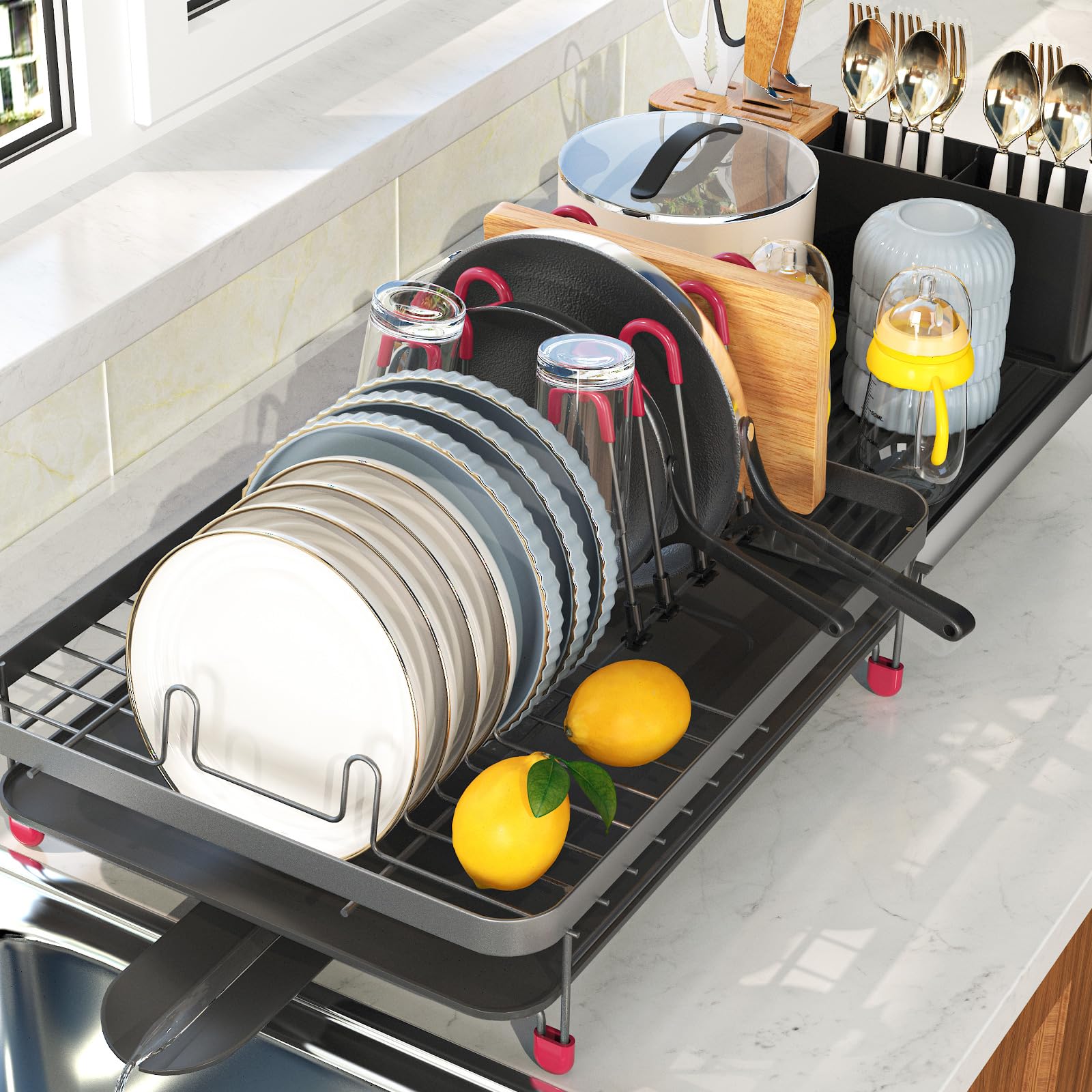 TOOLF Expandable Dish Drying Rack, Large Capacity Dish Drainer with Drainboard, Dish Rack for Kitchen, Anti-Rust Plate Rack with Glass Holder and Utensil Holder.