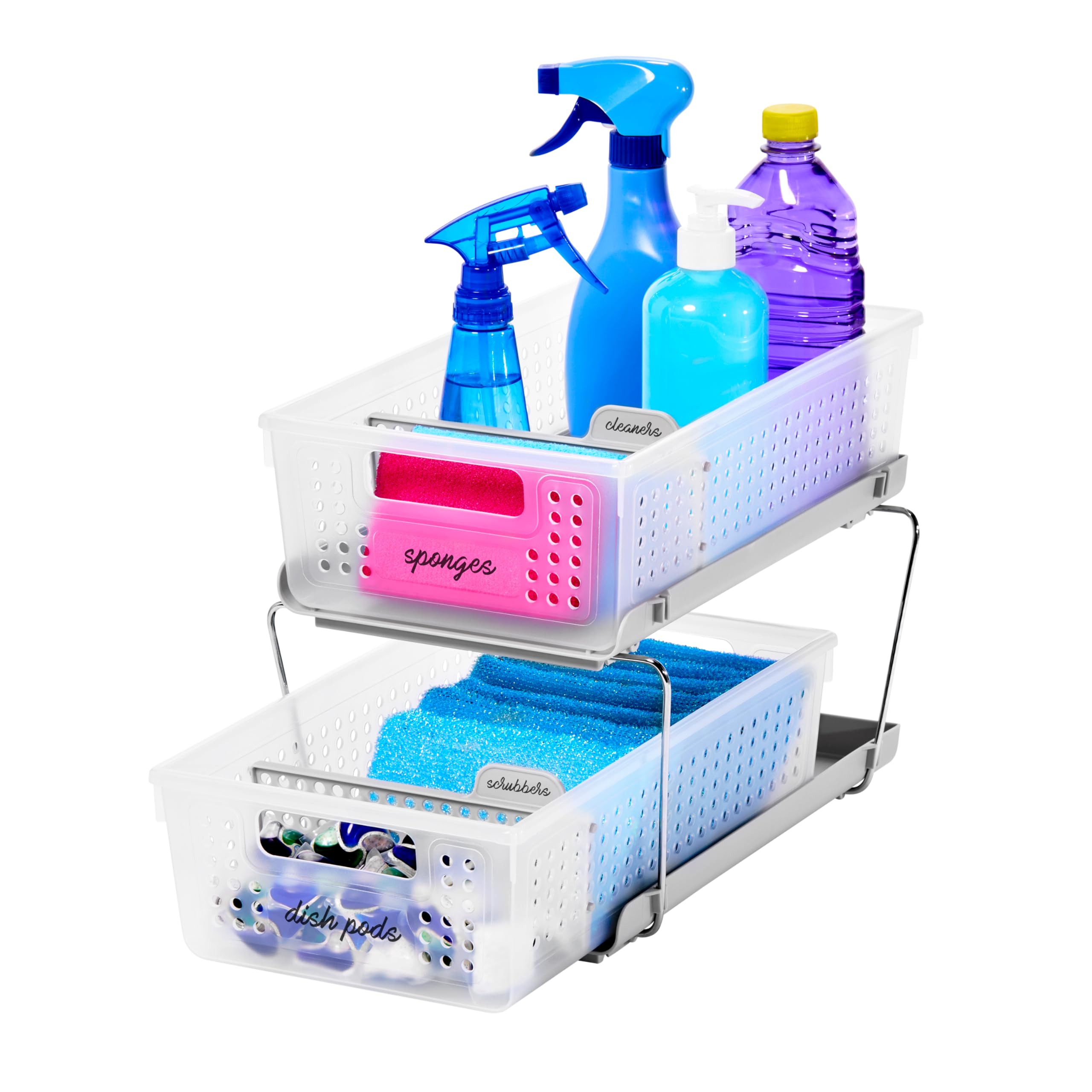 madesmart 2-Tier Organizer Slide-Out Baskets with Handles, Space Saving, Multi-Purpose Storage & BPA-Free, Large, Frost-with Dividers