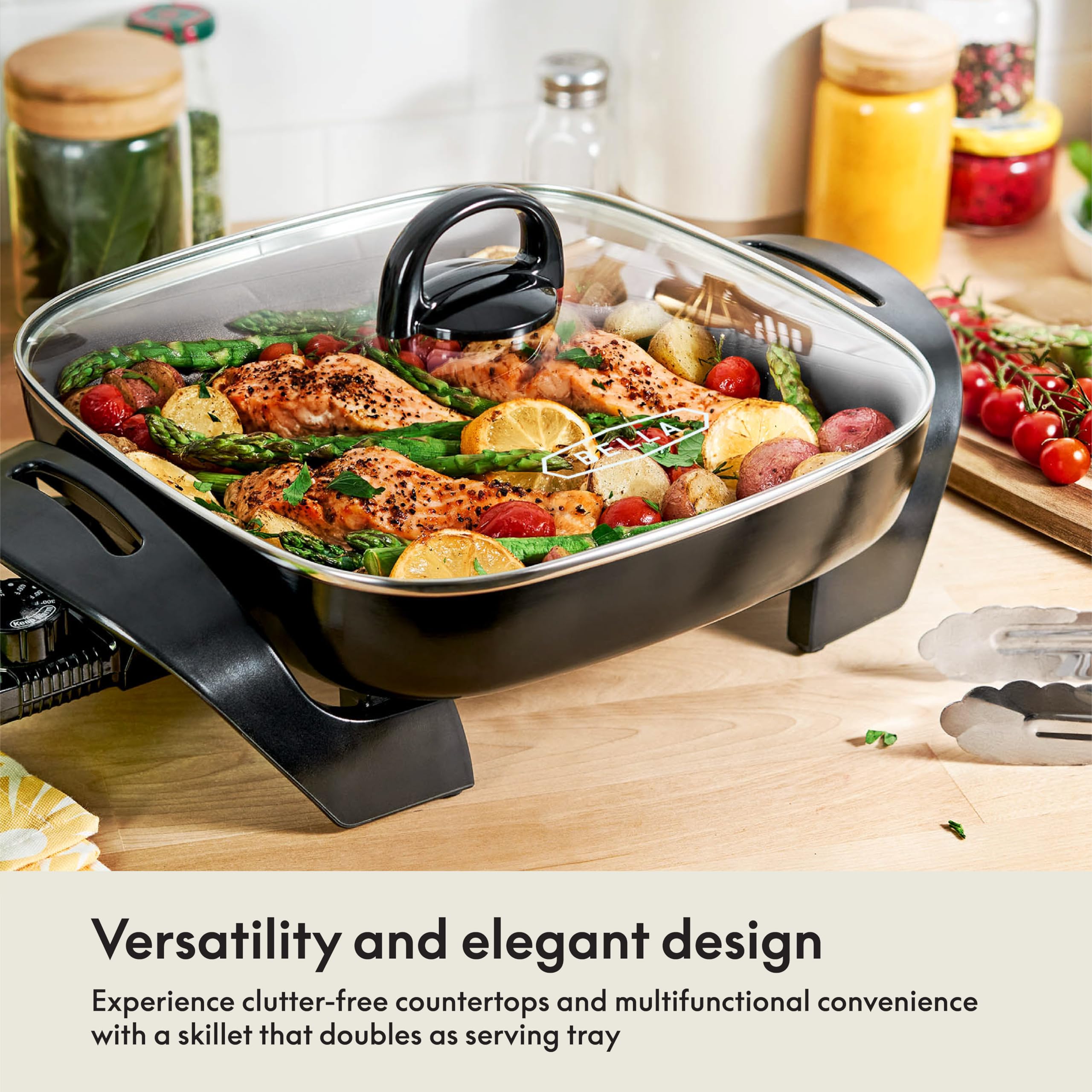 BELLA Electric Ceramic Titanium Skillet, Roast, Fry and Steam, Healthy-Eco Non-stick Coating, Convenient Easy Clean Up, Glass Lid Included, 12" x 12", Copper/Black