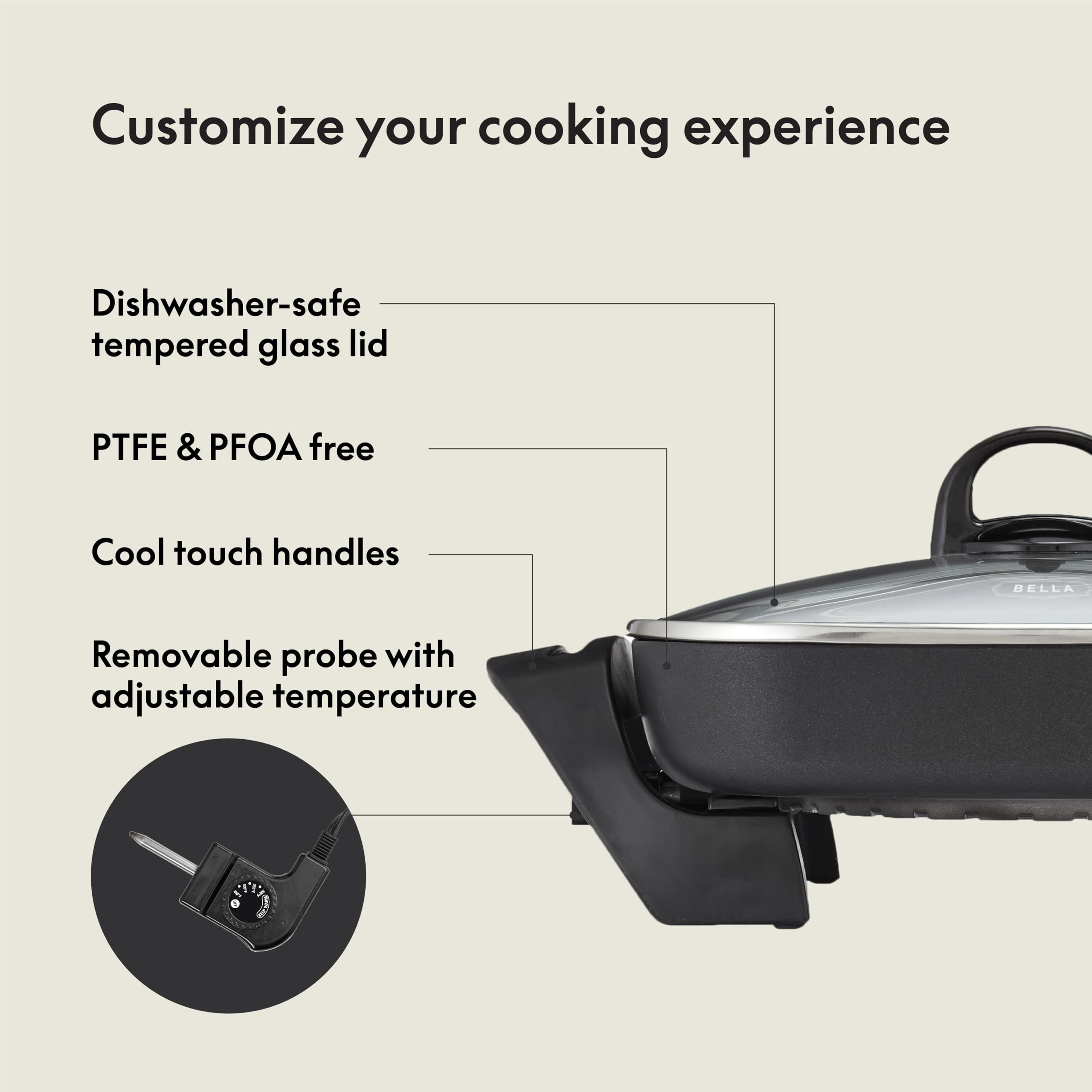 BELLA Electric Ceramic Titanium Skillet, Roast, Fry and Steam, Healthy-Eco Non-stick Coating, Convenient Easy Clean Up, Glass Lid Included, 12" x 12", Copper/Black