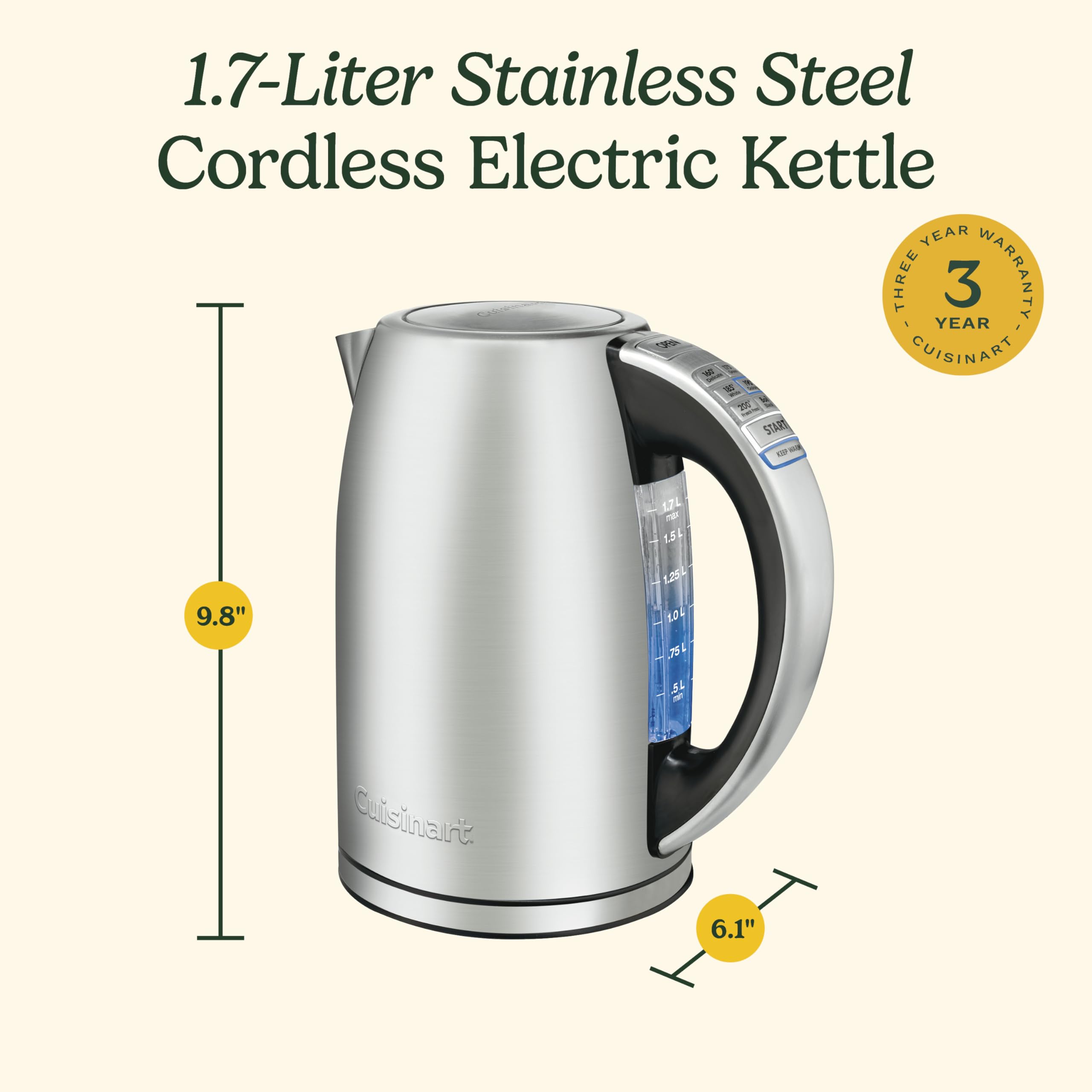 Electric Kettle by Cuisinart, 1.7-Liter Capacity, Cordless 1500-Watts for Fast Heat Up, Stay Cool Non-Slip Handle, Stainless Steel, CPK-17P1