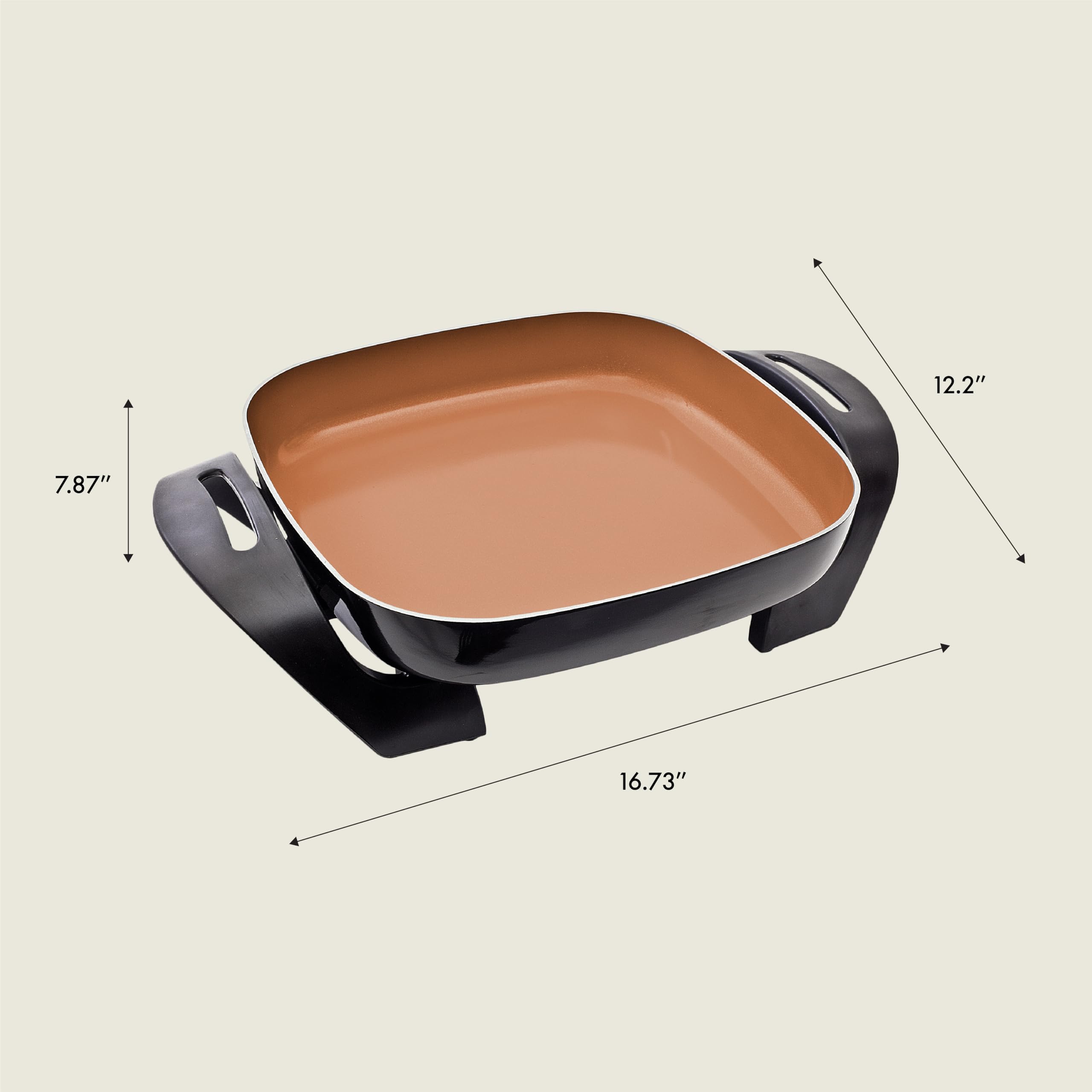 BELLA Electric Ceramic Titanium Skillet, Roast, Fry and Steam, Healthy-Eco Non-stick Coating, Convenient Easy Clean Up, Glass Lid Included, 12" x 12", Copper/Black