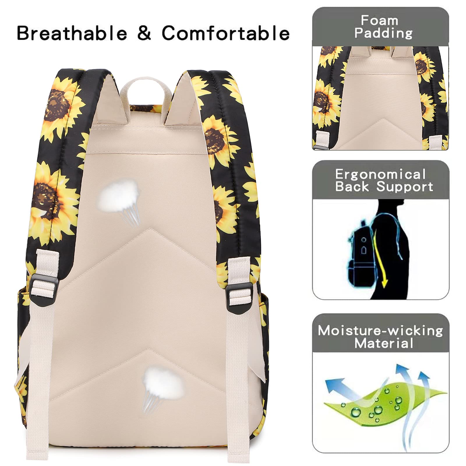 EZYCOK School Backpack College Bookbag for Girls Women, Water Resistant Laptop Backpack Casual Daypack with Sling Bag and Pencil Case , Sunflower