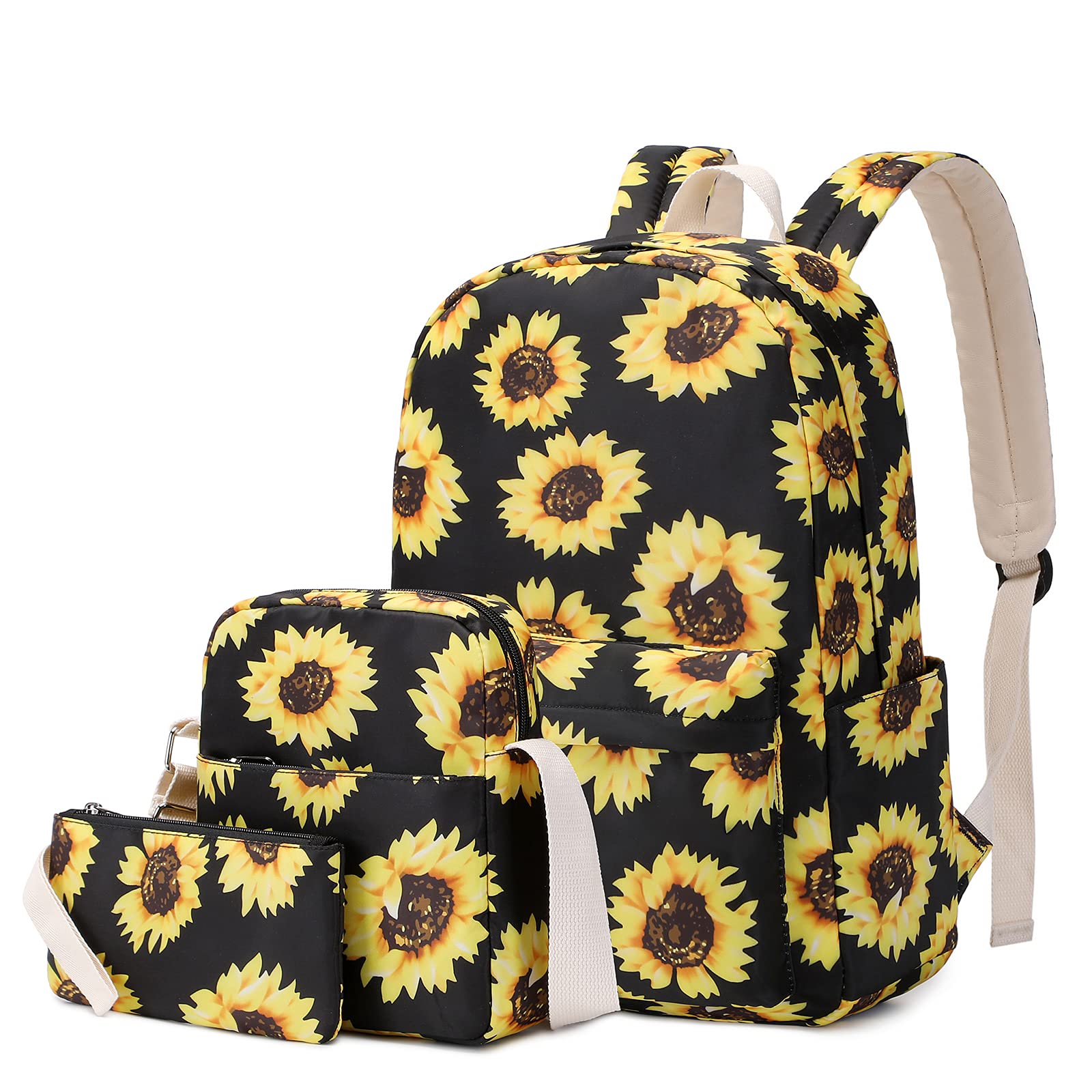 EZYCOK School Backpack College Bookbag for Girls Women, Water Resistant Laptop Backpack Casual Daypack with Sling Bag and Pencil Case , Sunflower