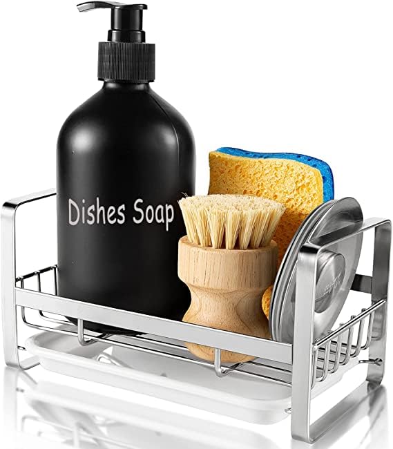 VANTEN Kitchen Sink Caddy Organizer, Sponge Holder for Sink, Sink Tray Drainer Rack, Dish Rags Brush Soap Storage Countertop with Removable Front Drain Pan (Not Including Dispenser and Sponge)