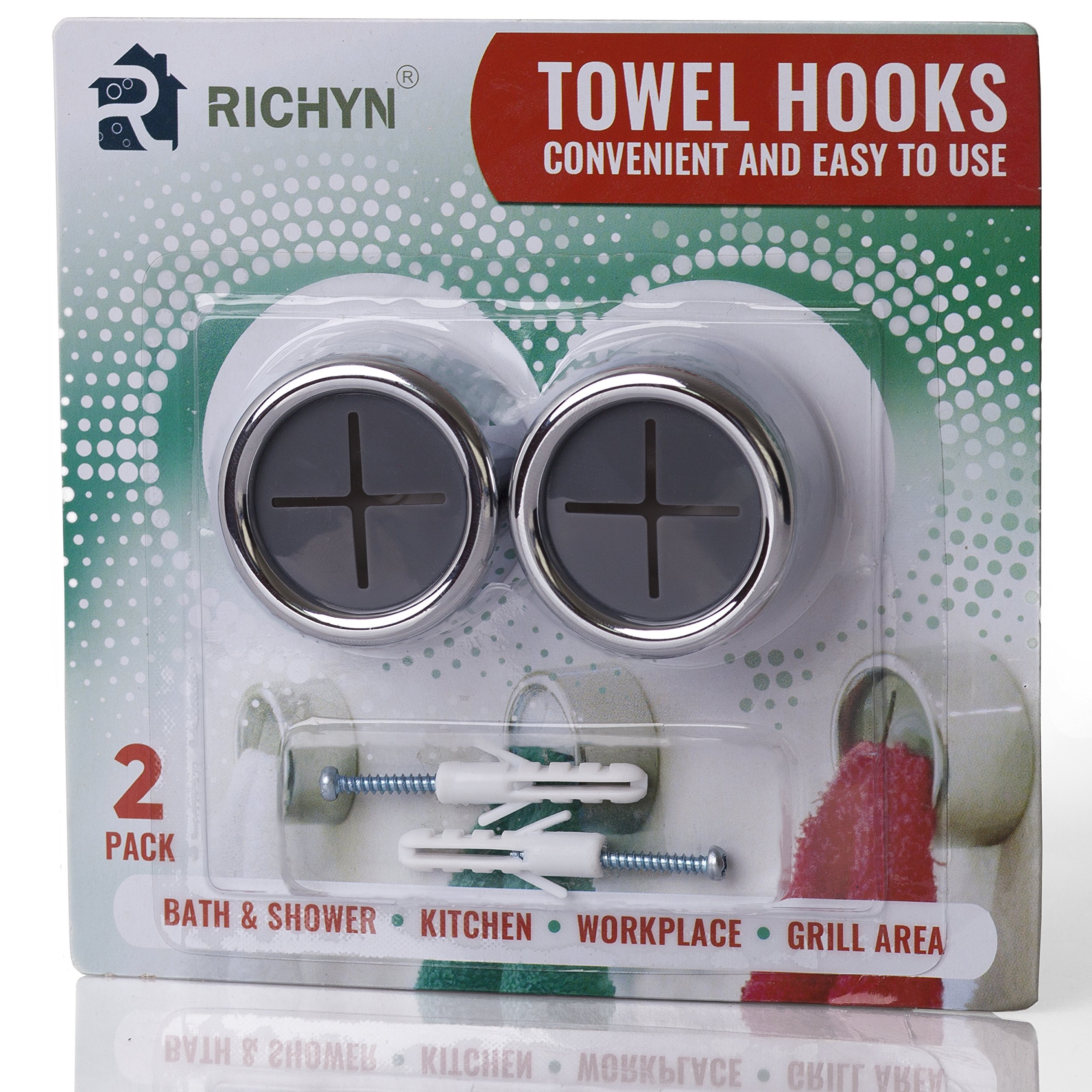 Kitchen Towel Hooks β Set of 2 self Adhesive Towel Hook β Premium Chrome Finish & Easy Installation β Firmly Holds Towel Without Tearing β Ideal as Bathroom, Shower or Outdoor Towel Holders