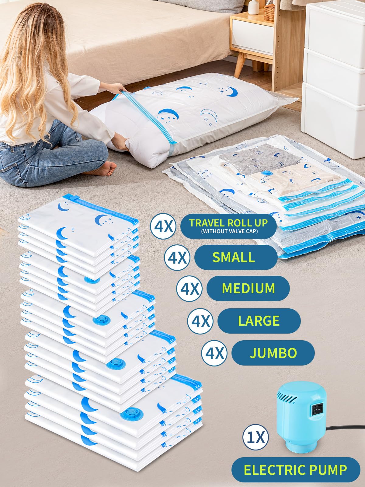 Vacuum Storage Bags with Electric Air Pump, 20 Pack (4 Jumbo, 4 Large, 4 Medium, 4 Small, 4 Roll Up Bags) Space Saver Bag for Clothes, Mattress, Blanket, Duvets, Pillows, Comforters,Travel, Moving