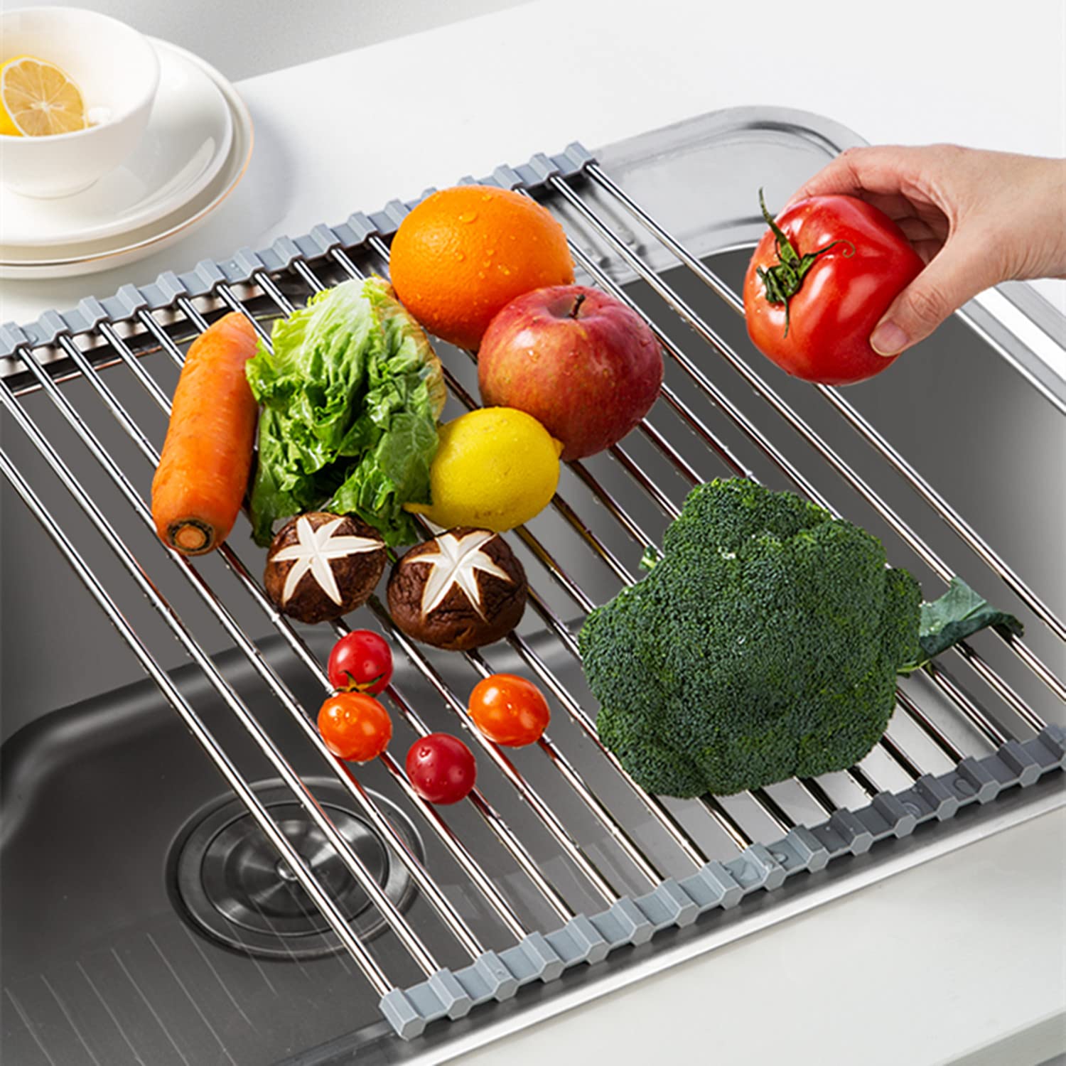 Over The Sink Dish Drying Rack, RidRed Roll up dish rack, High temperature resistance Kitchen Rolling Dish Drainer, Stainless Steel Sink Drying Rack, Foldable Dish Drainer, Gray (17.5 x 11.8)