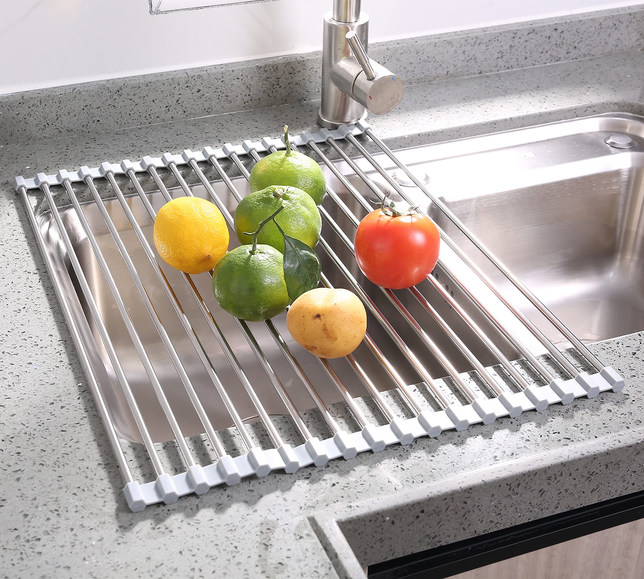 Over The Sink Dish Drying Rack, RidRed Roll up dish rack, High temperature resistance Kitchen Rolling Dish Drainer, Stainless Steel Sink Drying Rack, Foldable Dish Drainer, Gray (17.5 x 11.8)
