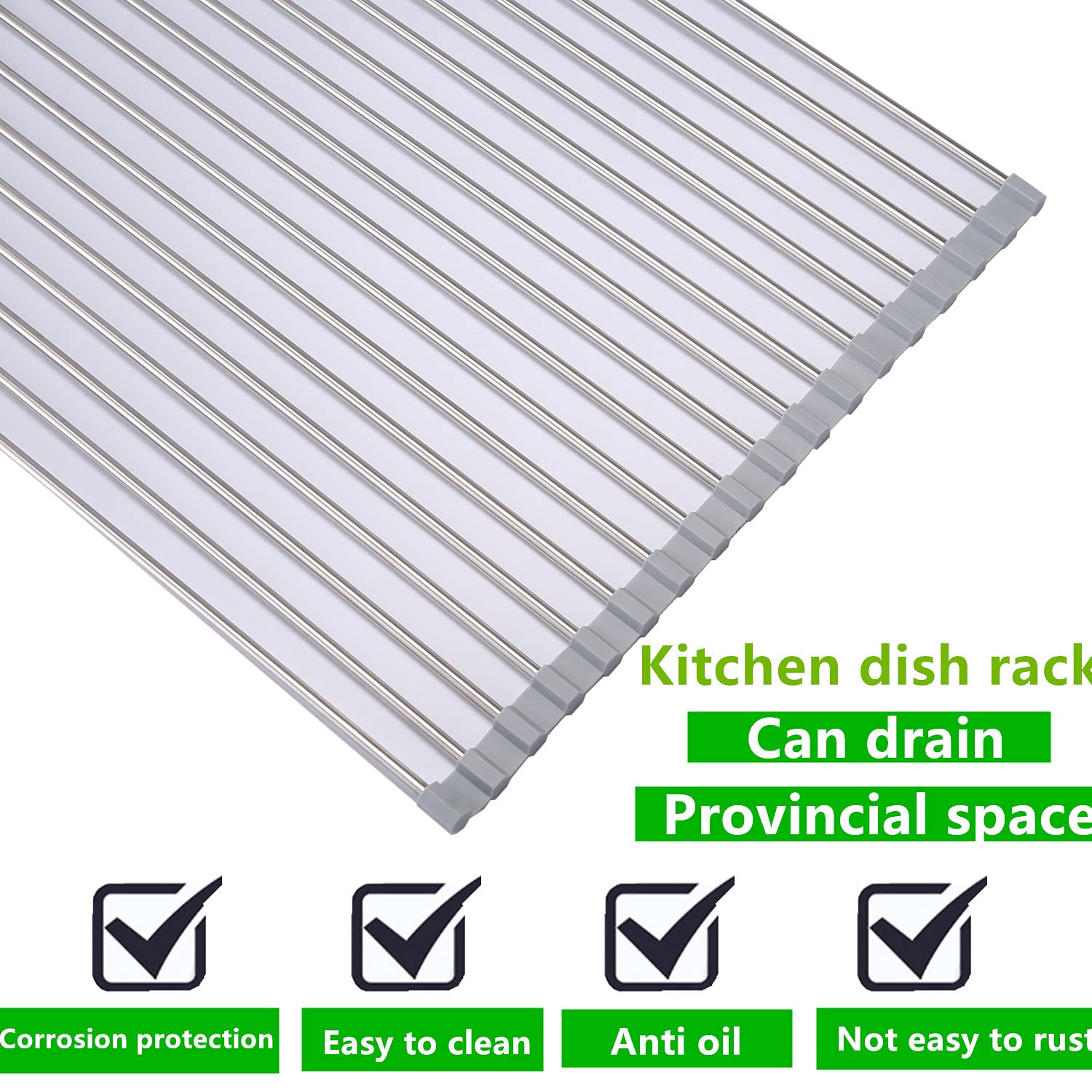 Over The Sink Dish Drying Rack, RidRed Roll up dish rack, High temperature resistance Kitchen Rolling Dish Drainer, Stainless Steel Sink Drying Rack, Foldable Dish Drainer, Gray (17.5 x 11.8)