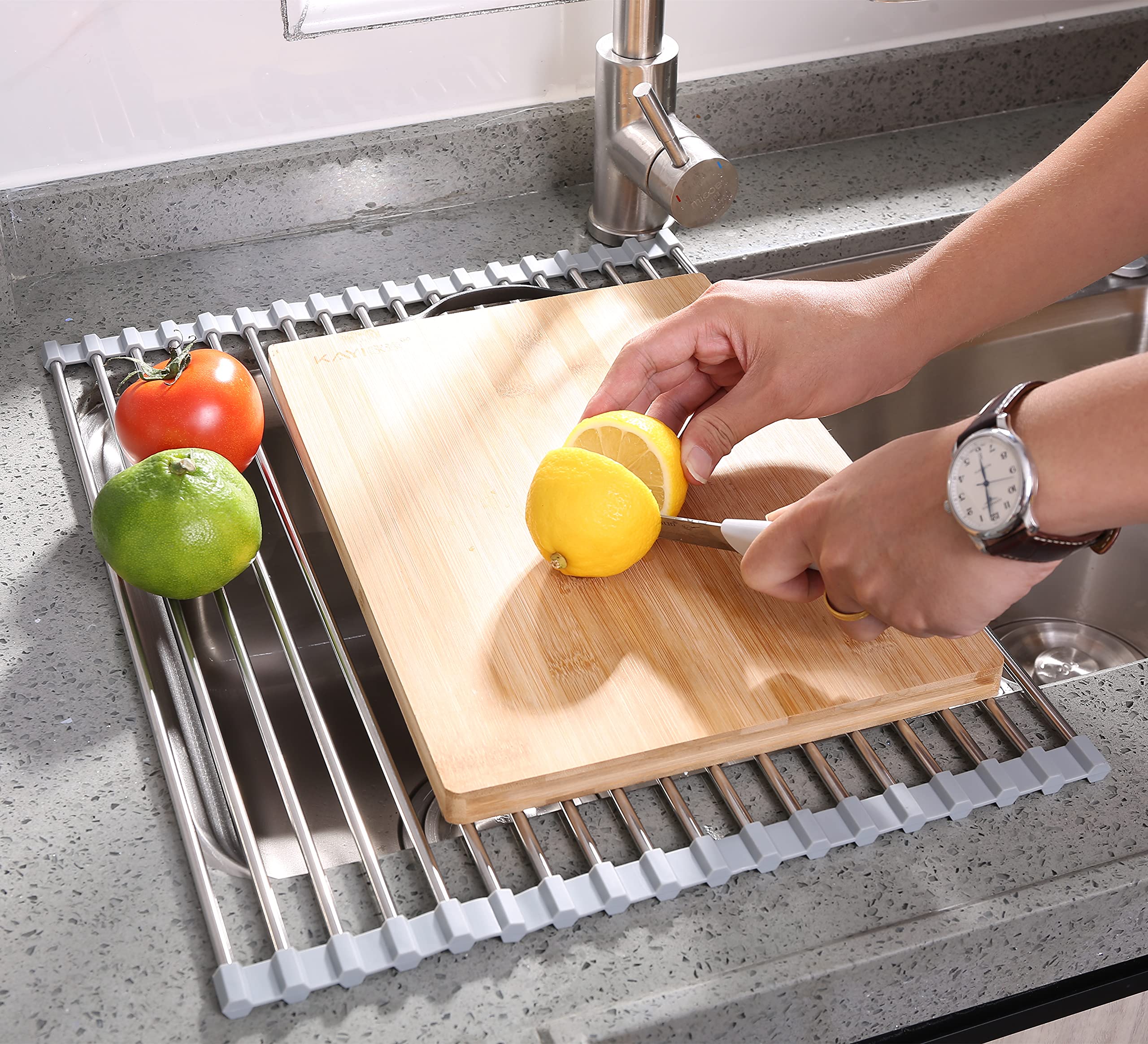Over The Sink Dish Drying Rack, RidRed Roll up dish rack, High temperature resistance Kitchen Rolling Dish Drainer, Stainless Steel Sink Drying Rack, Foldable Dish Drainer, Gray (17.5 x 11.8)