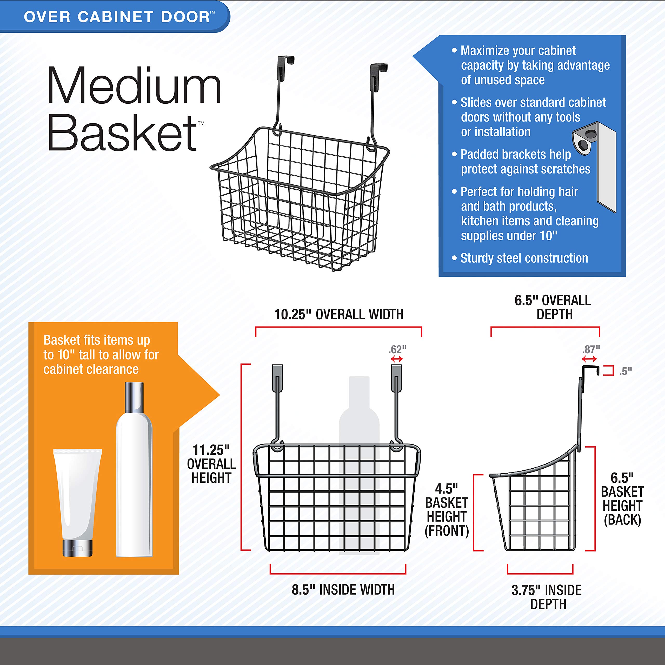 Spectrum Diversified Grid Storage Basket, Over The Cabinet Steel Wire, Sink Organization for Kitchen & Bathroom, Large, Industrial Gray