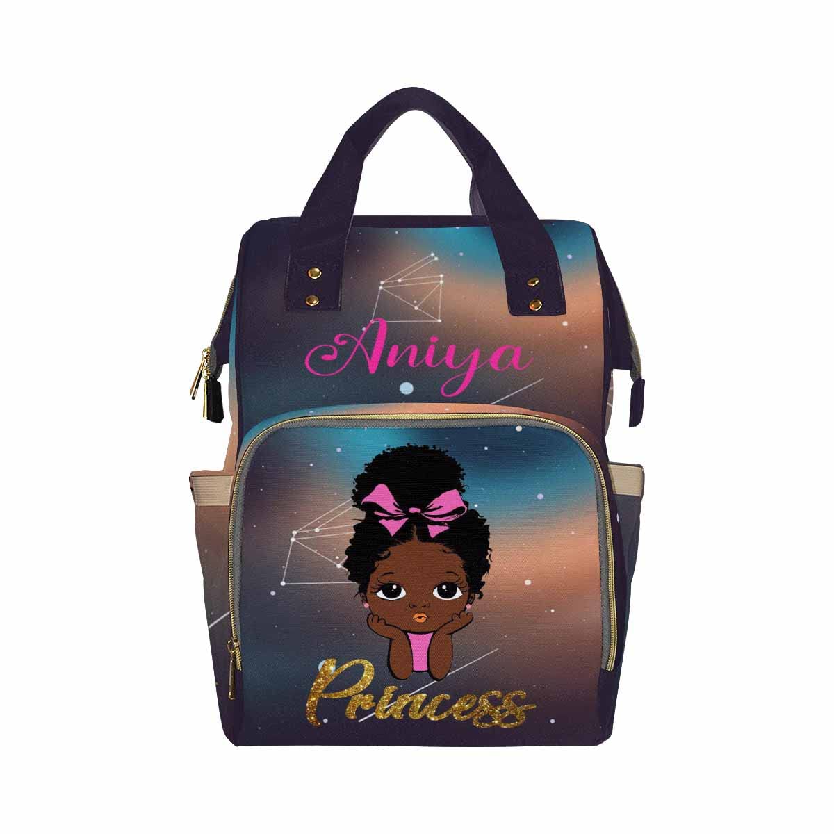 Newcos Personalized African Black Girl Diaper Bag Backpack with Name Custom Afro Princess Mommy Nursing Baby Bags for Women, One Size
