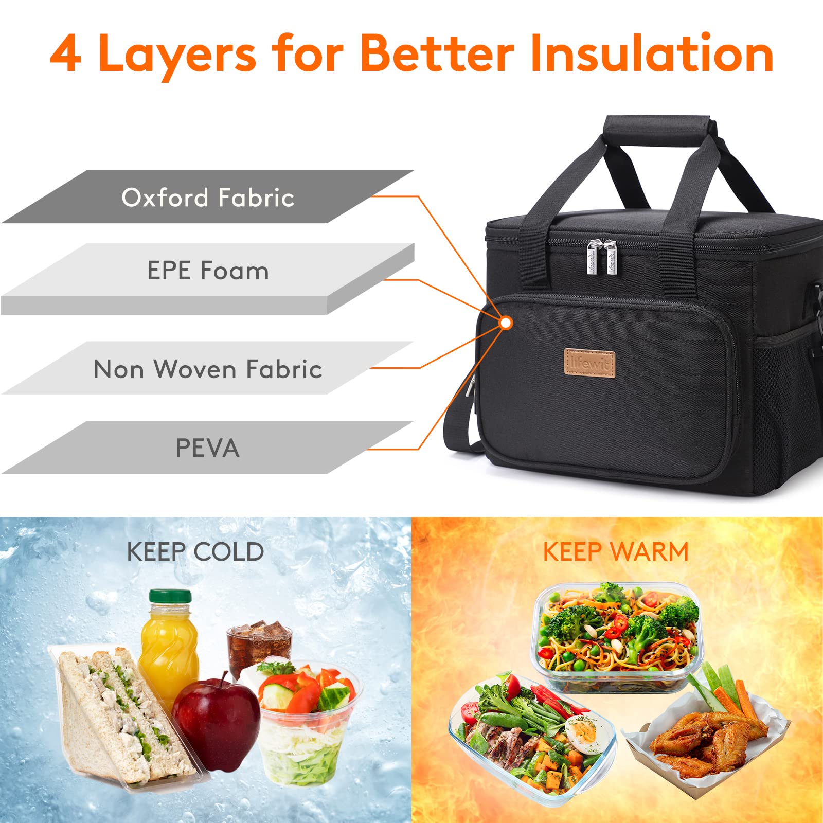 Lifewit Large Lunch Bag 24-Can (15L) Insulated Lunch Box Soft Cooler Cooling Tote for Adult Men Women, Black